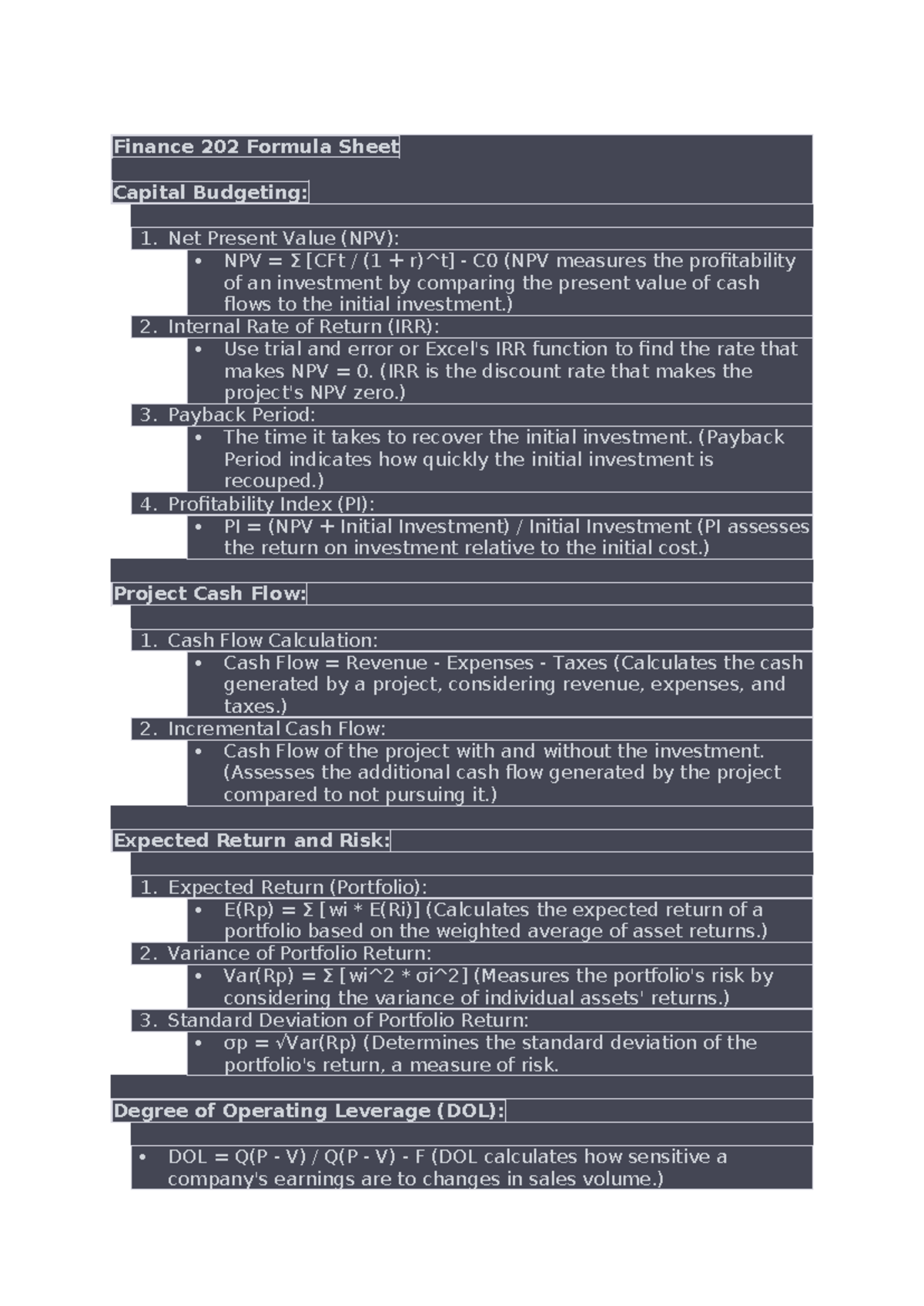 Fina202 formula sheet - Finance 202 Formula Sheet Capital Budgeting: 1. Net Present Value (NPV ...