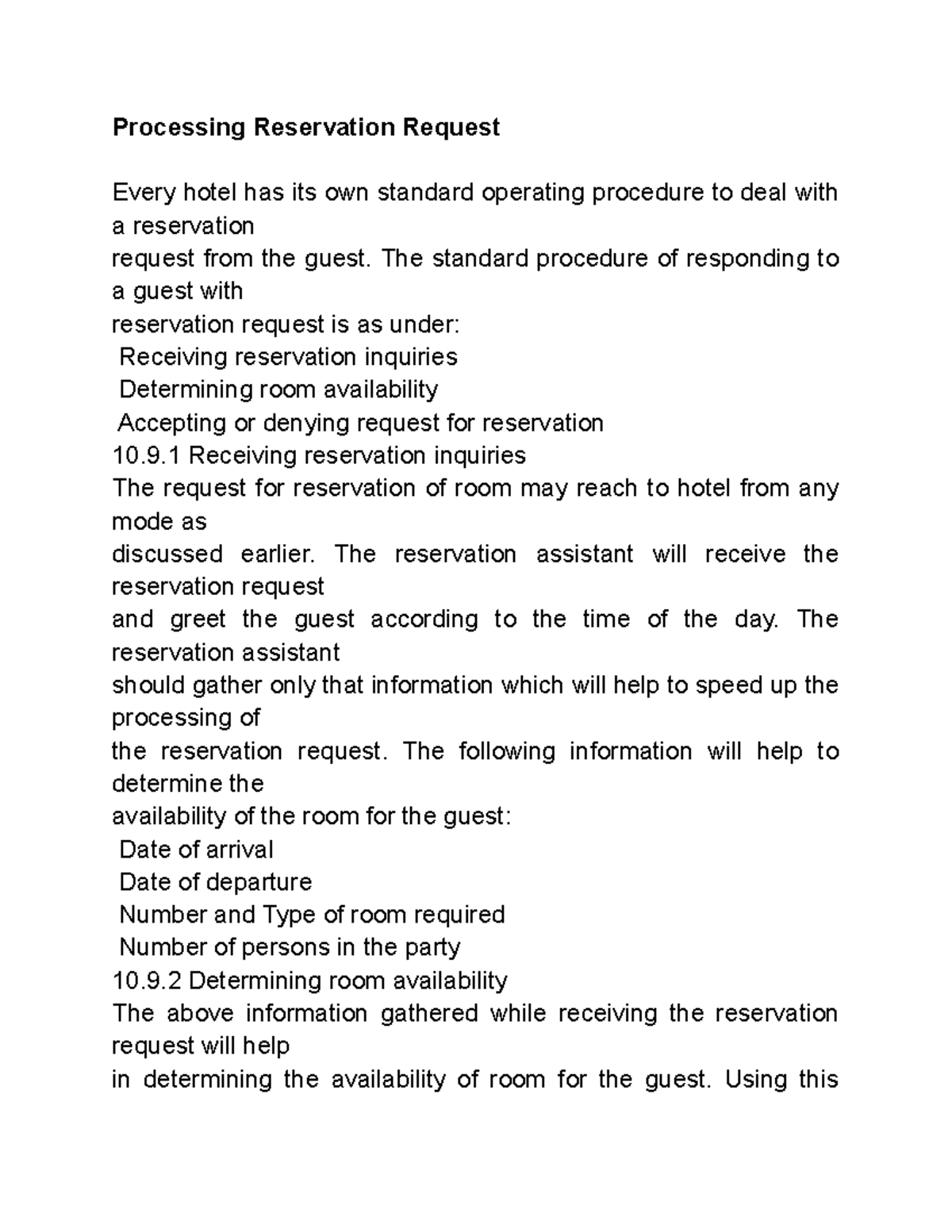 Processing Reservation Request ( hospitality) - Processing Reservation ...