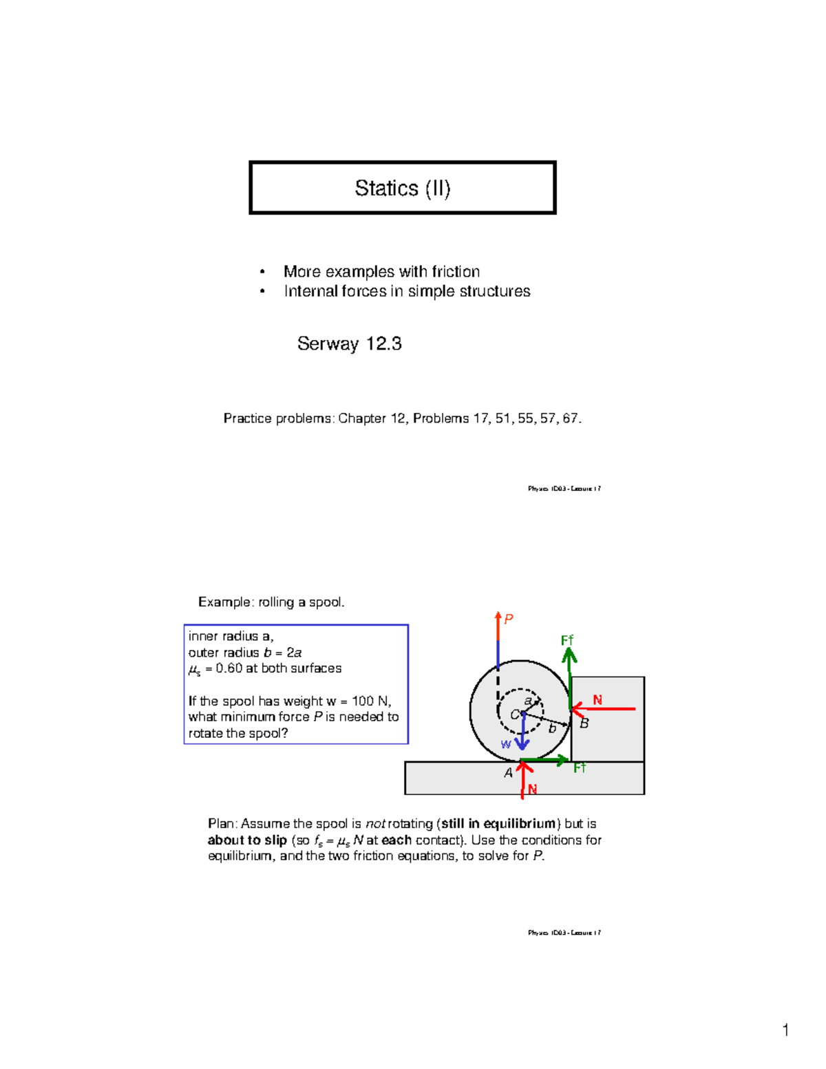 Lecture 17 Statics Ii Physics 1d03 Lecture 17 Statics Ii