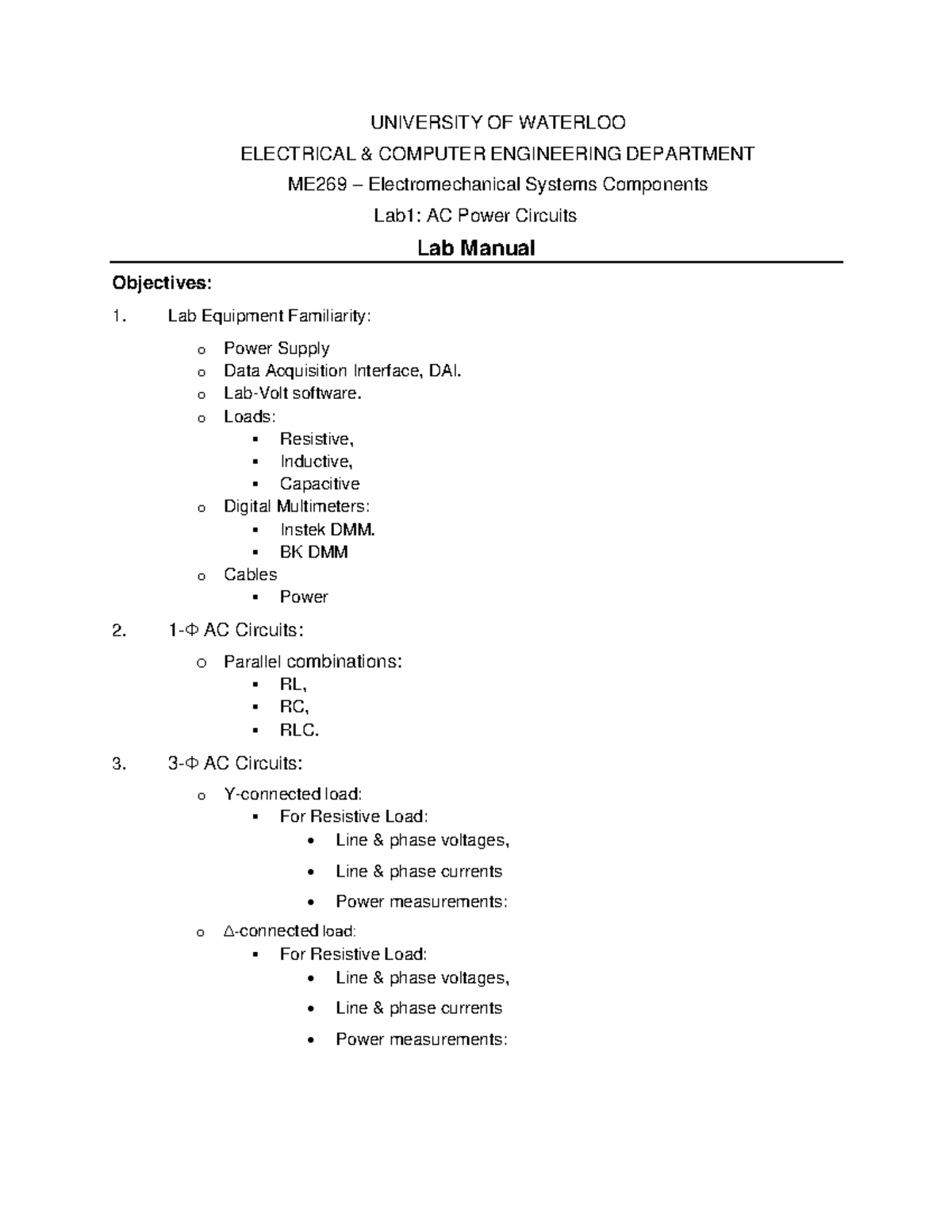 Lab1 Manual on AC Power Circuits - UNIVERSITY OF WATERLOO ELECTRICAL ...