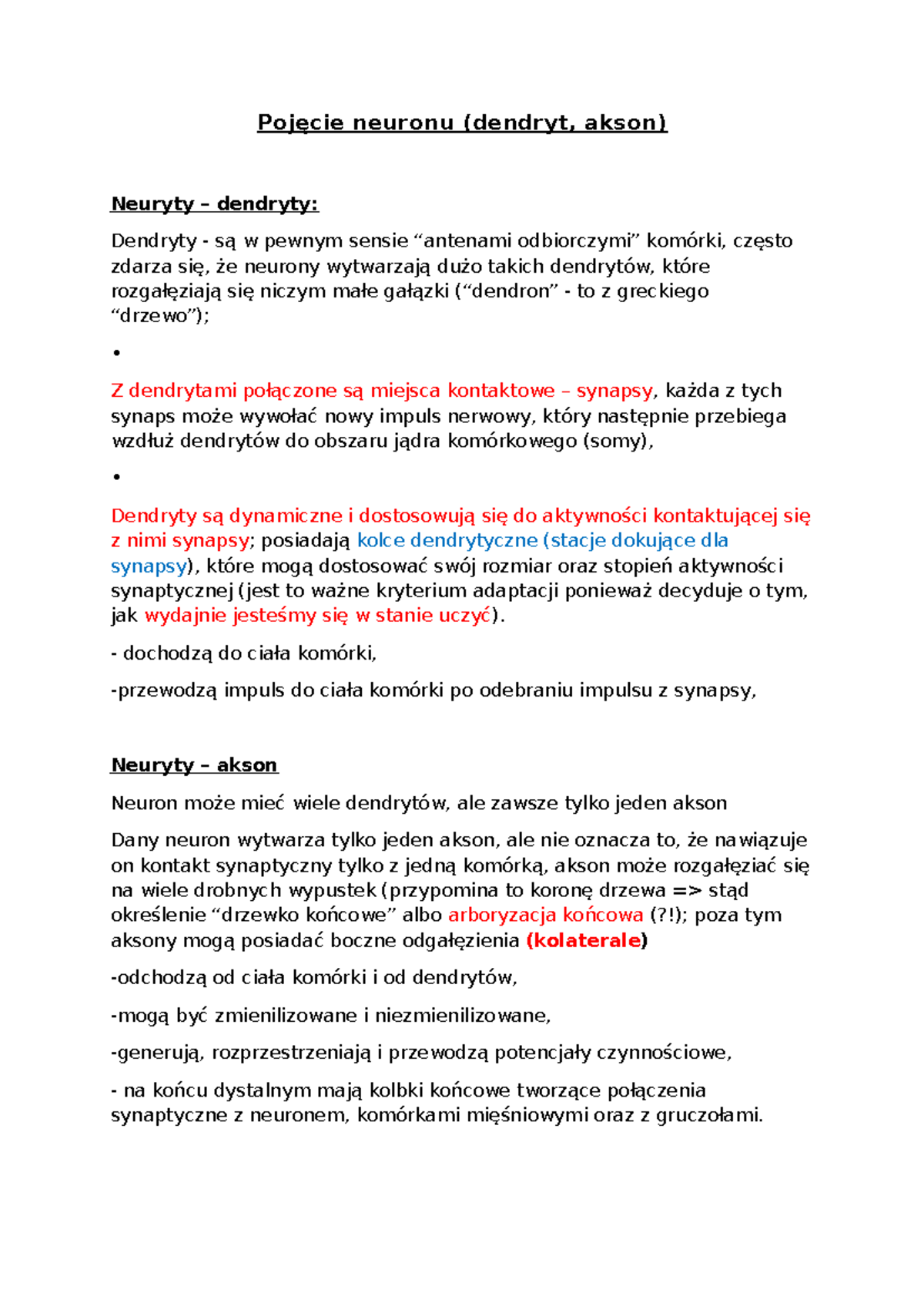 Wykład2 - Notatki z prezentacji - Pojęcie neuronu (dendryt, akson ...