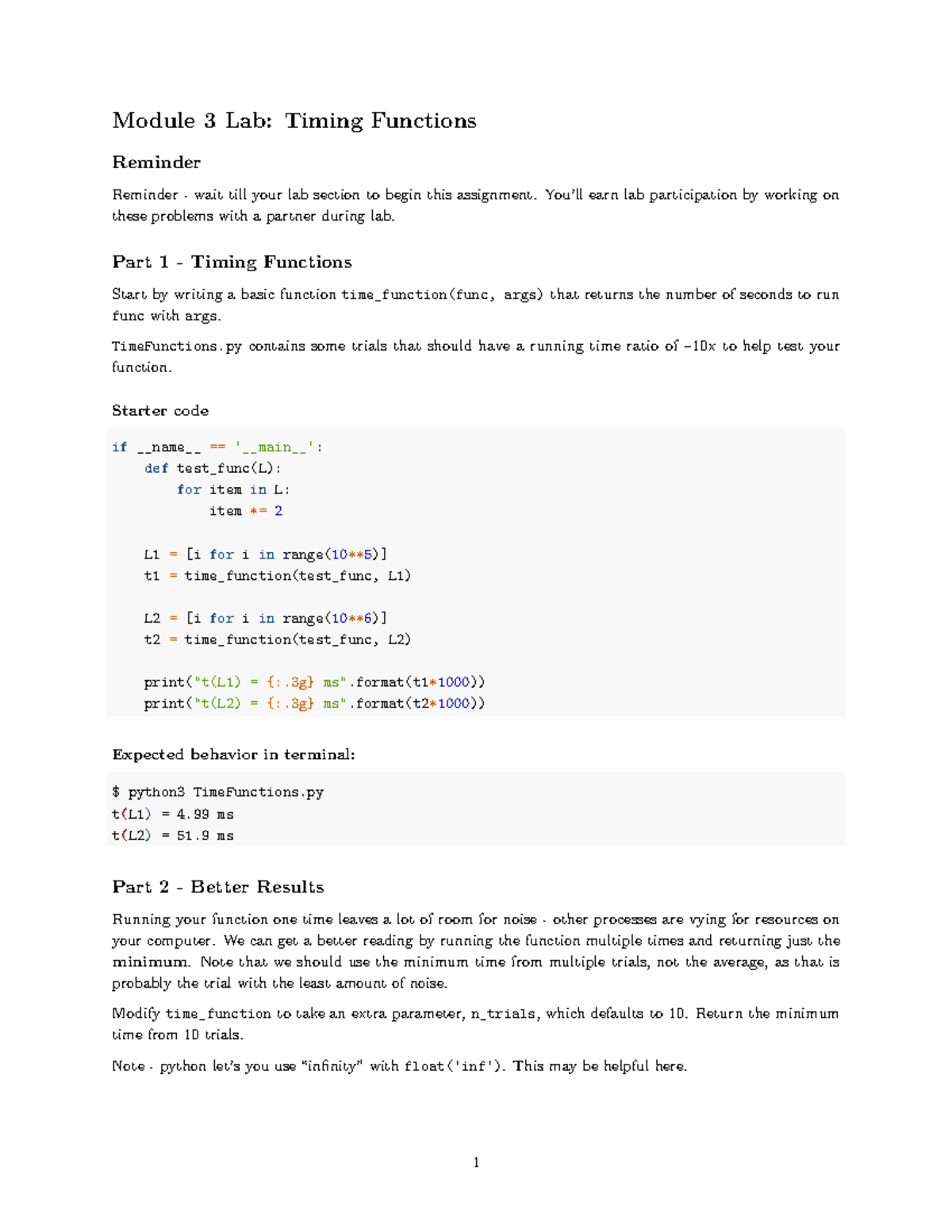 Module 3 Lab: Timing Functions - Module 3 Lab: Timing Functions Reminder Reminder - wait till ...