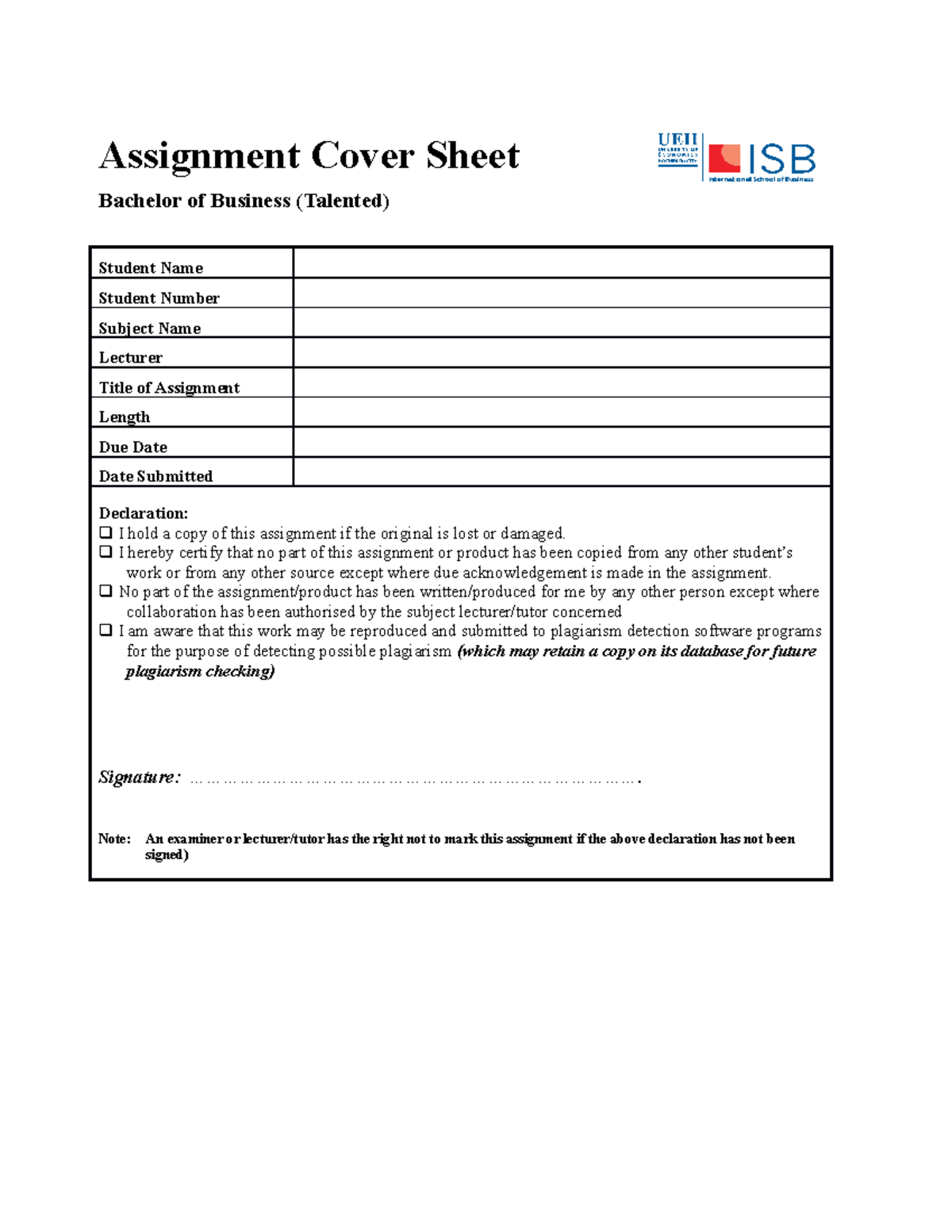 4. Assignment Cover Sheet - Assignment Cover Sheet Bachelor of Business ...
