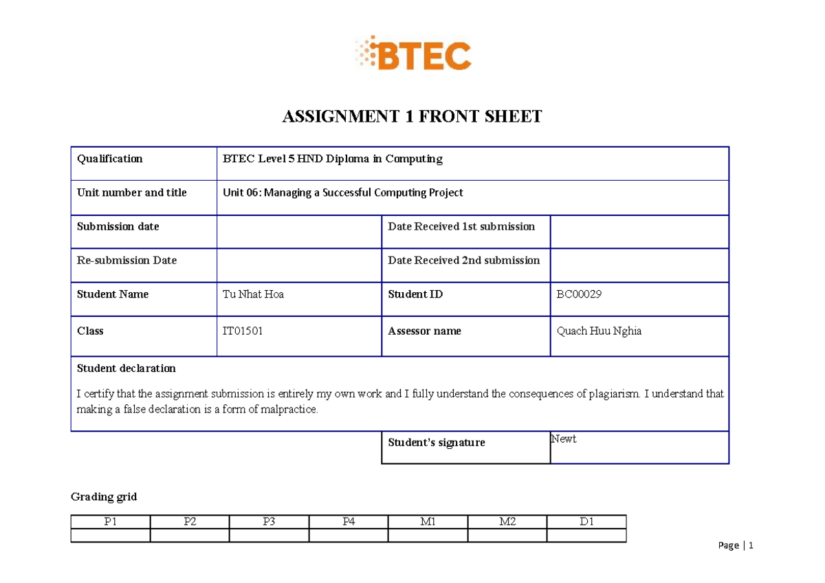 Assignment 1 Front-sheet - ASSIGNMENT 1 FRONT SHEET Qualification BTEC Level 5 HND Diploma in ...