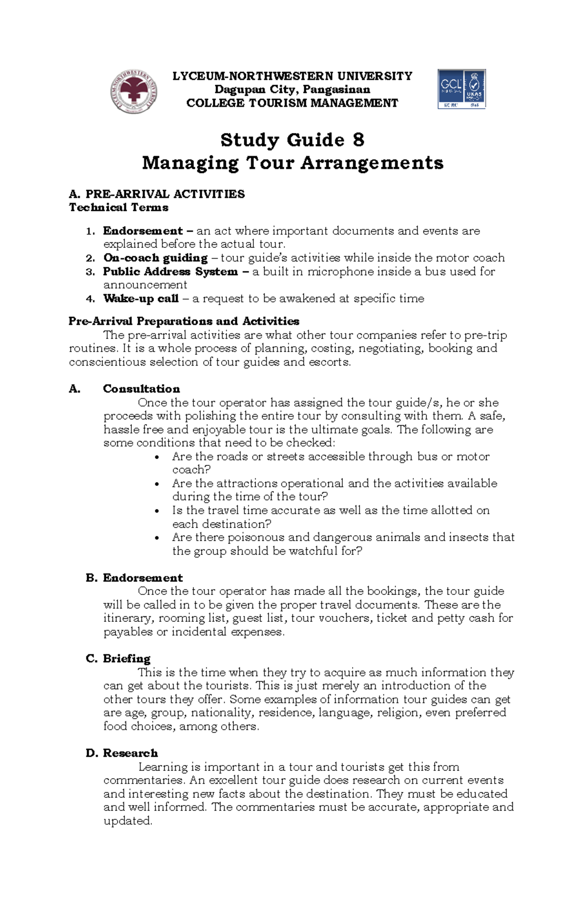Study Guide 8 - Managing Tour Arrangement - LYCEUM-NORTHWESTERN ...