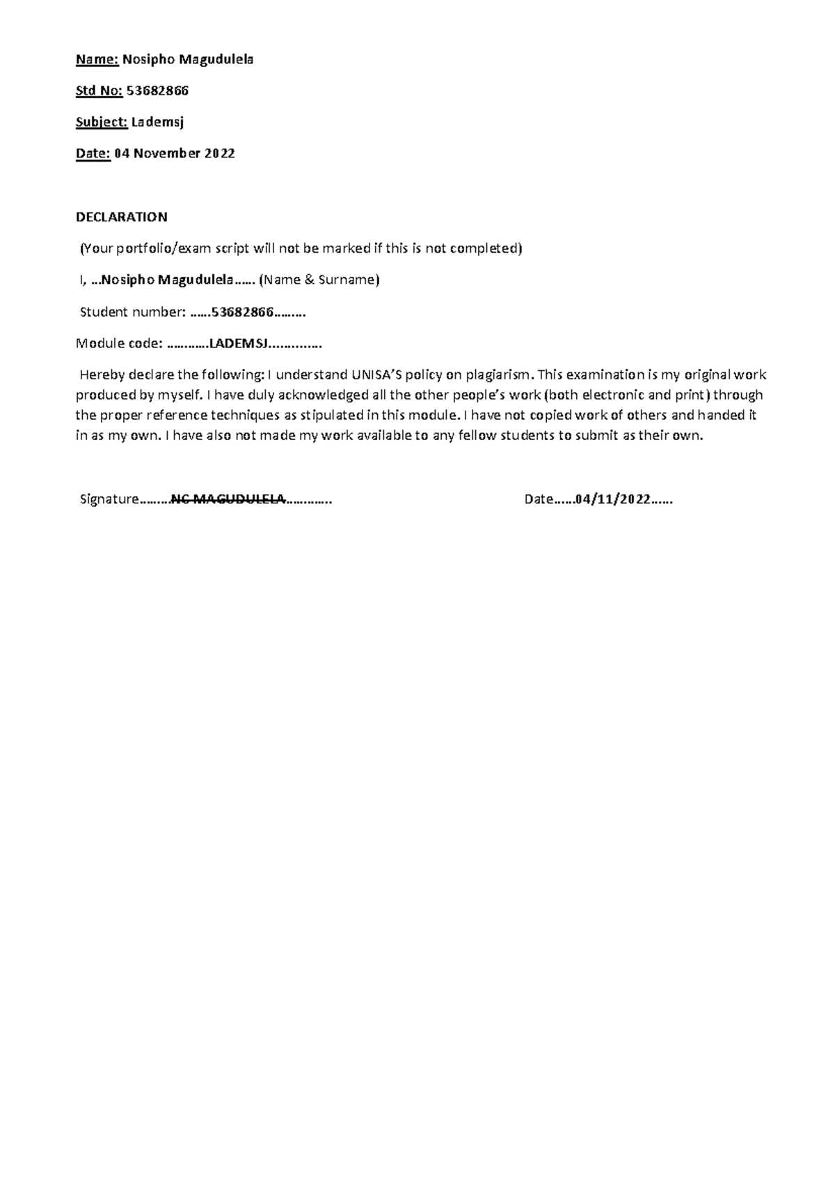 53682866 exam 2022 - EXAM SCRIPT - Name: Nosipho Magudulela Std No ...