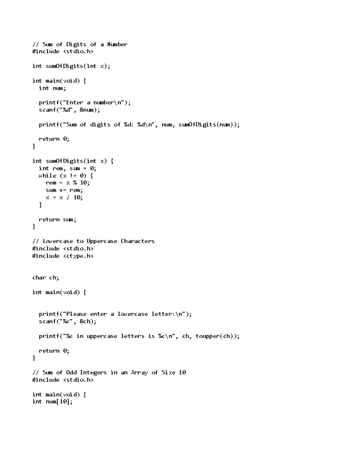 Comp 1400 Exam Sample Questions - // Sum of Digits of a Number #include int sumOfDigits(int x ...