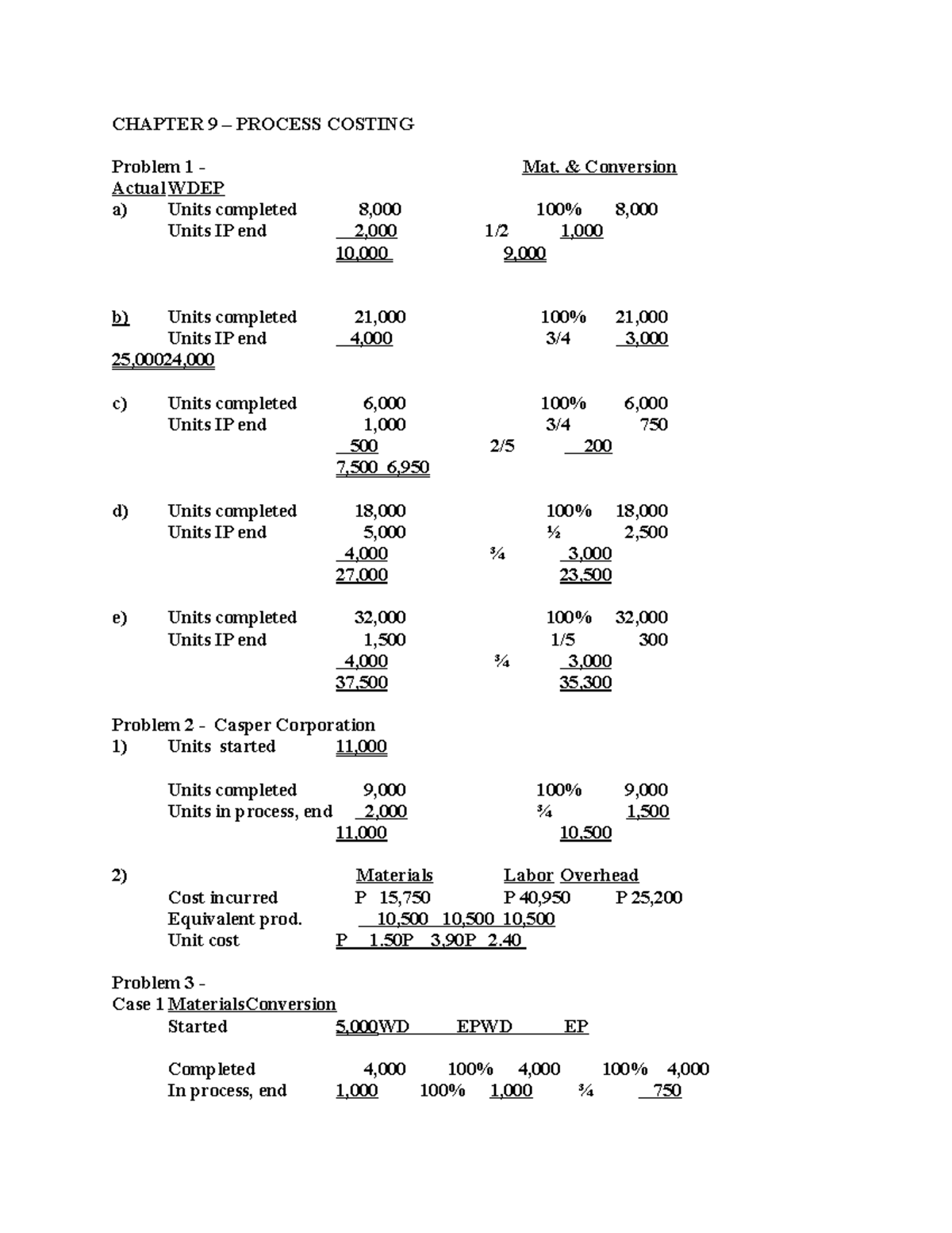 Toaz - Process costing - CHAPTER 9 – PROCESS COSTING Problem 1 - Mat. & Conversion Units IP end ...
