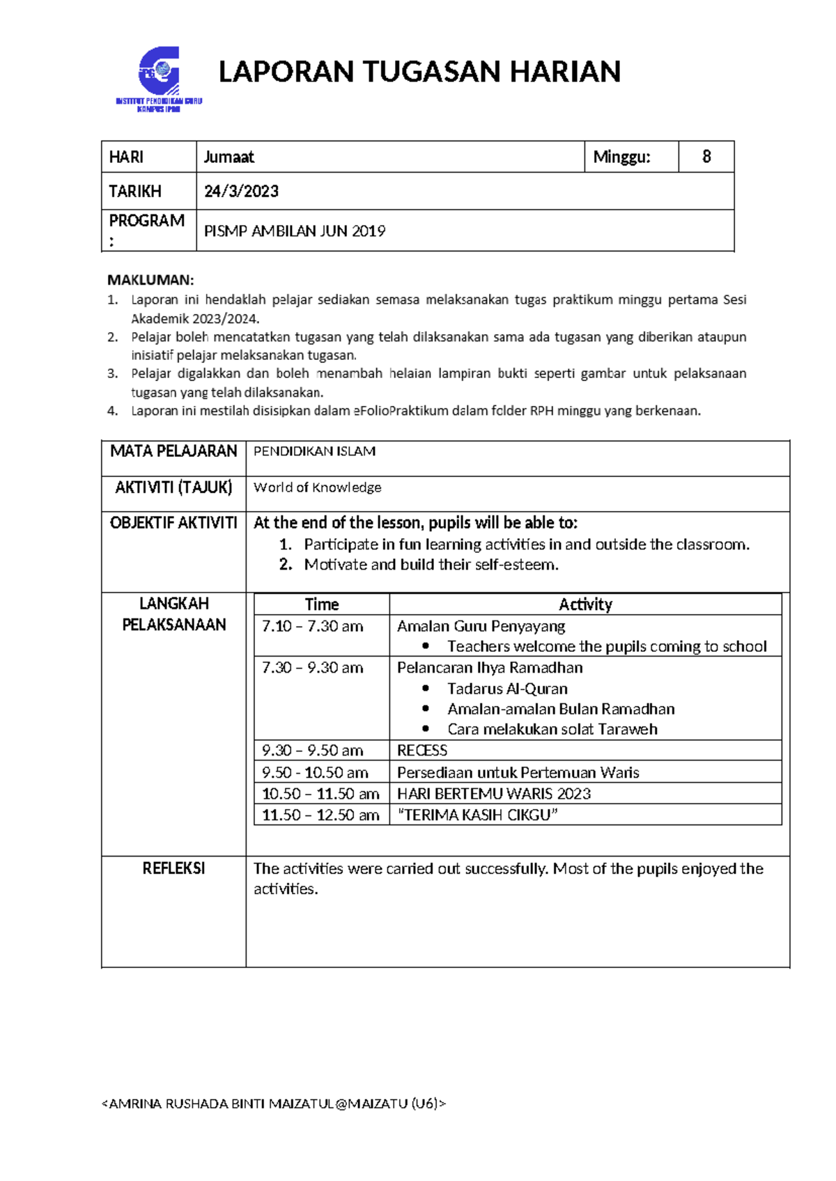 Laporan Tugasan Harian (24 - LAPORAN TUGASAN HARIAN HARI Jumaat Minggu ...