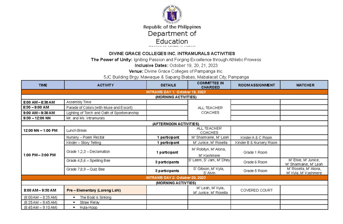 Intrams MAtrix - DIVINE GRACE COLLEGES INC. INTRAMURALS ACTIVITIES The ...