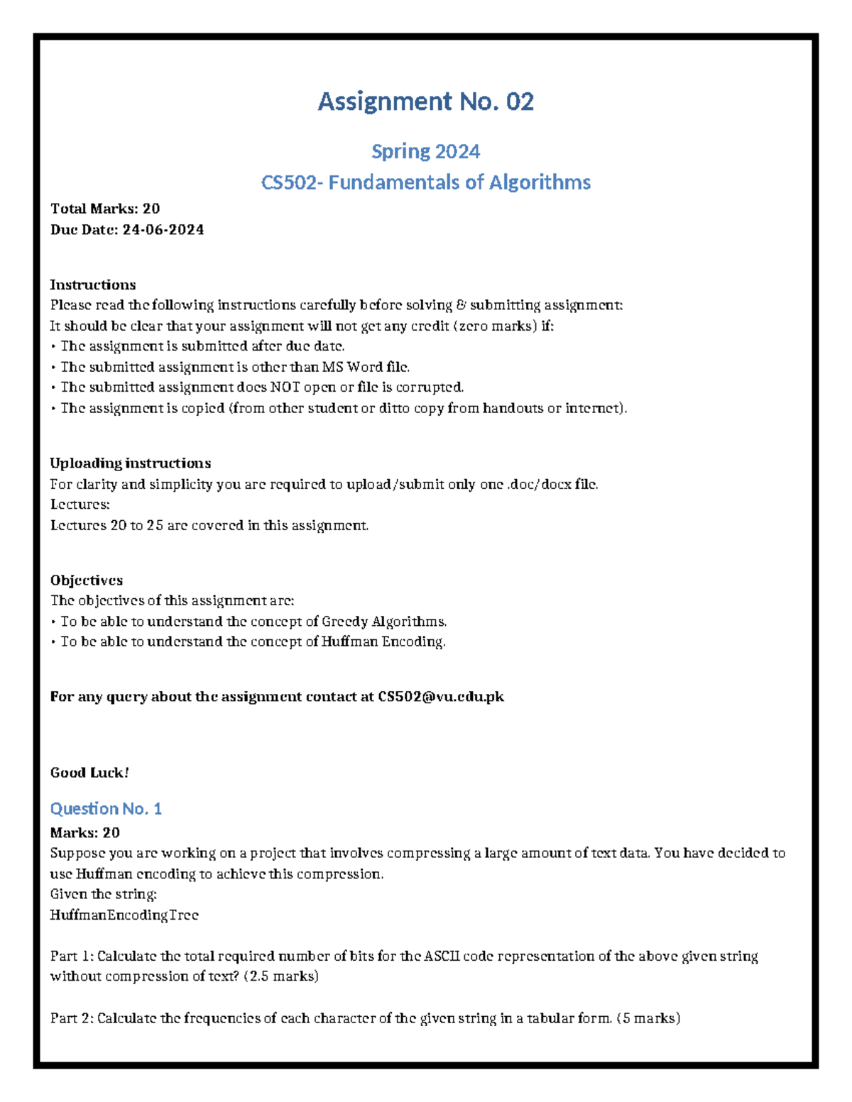 Assignment CS502 Solution - Assignment No. 02 Spring 2024 CS502- Fundamentals of Algorithms ...