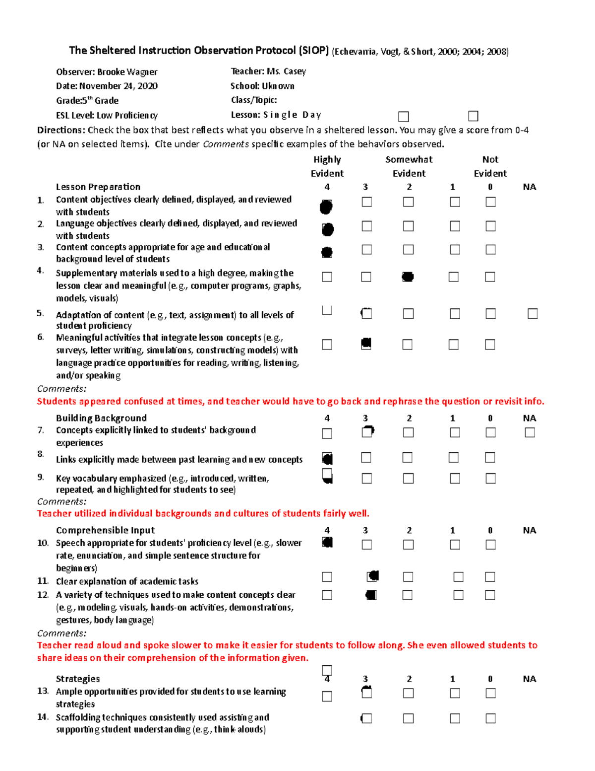 WK4 Clinical Field Experience A ELL Classroom Observation Using SIOP BW ...