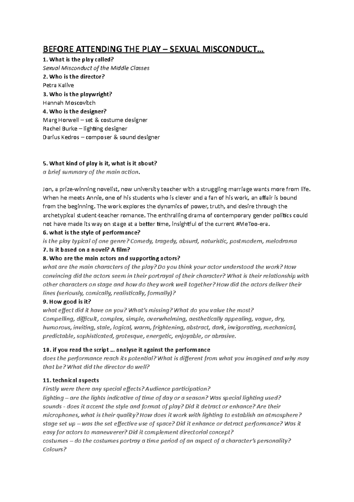 Theatre review template - helpful guide with notes - BEFORE ATTENDING ...