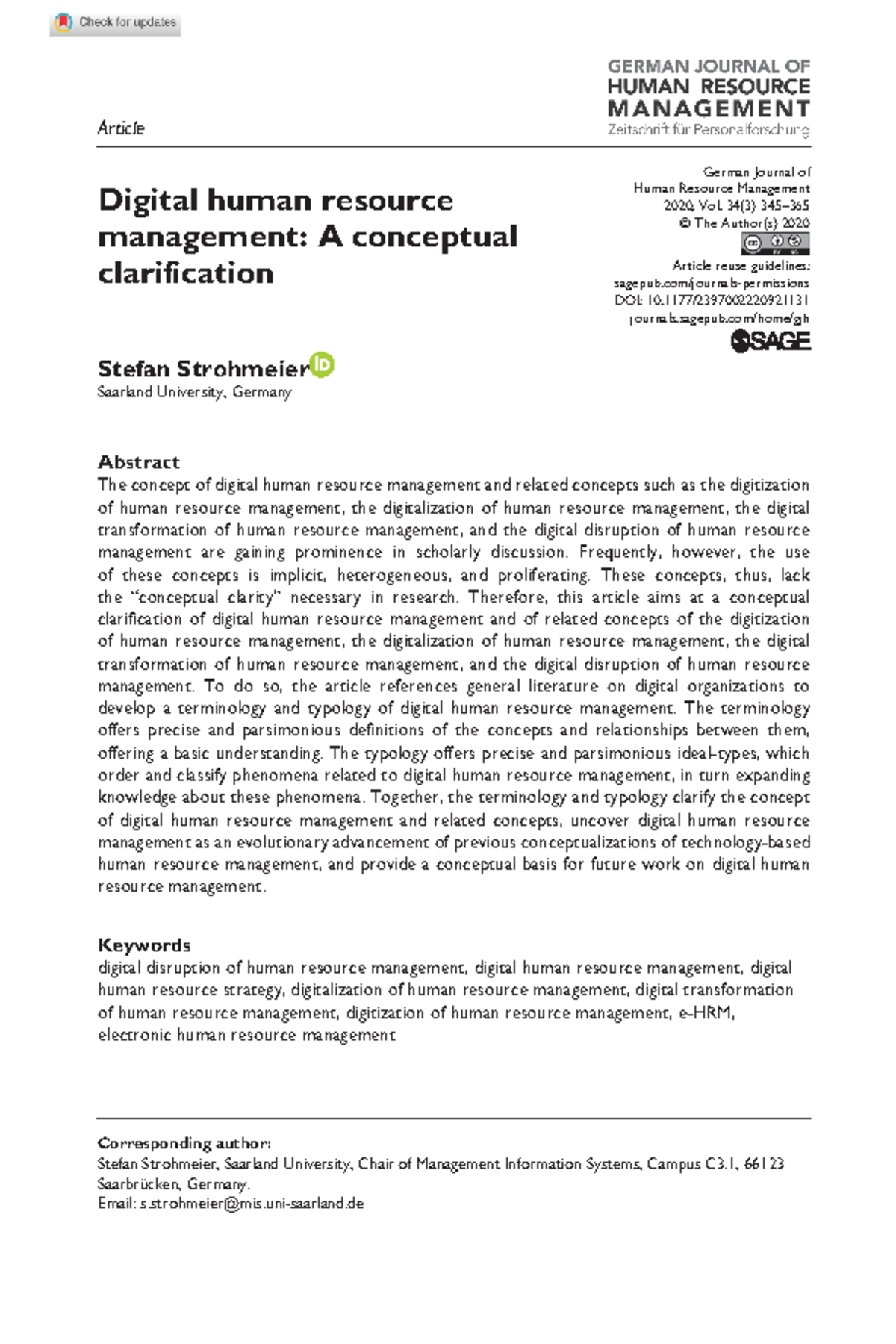 Digital human resource management a conceptual clarification - doi/10. ...