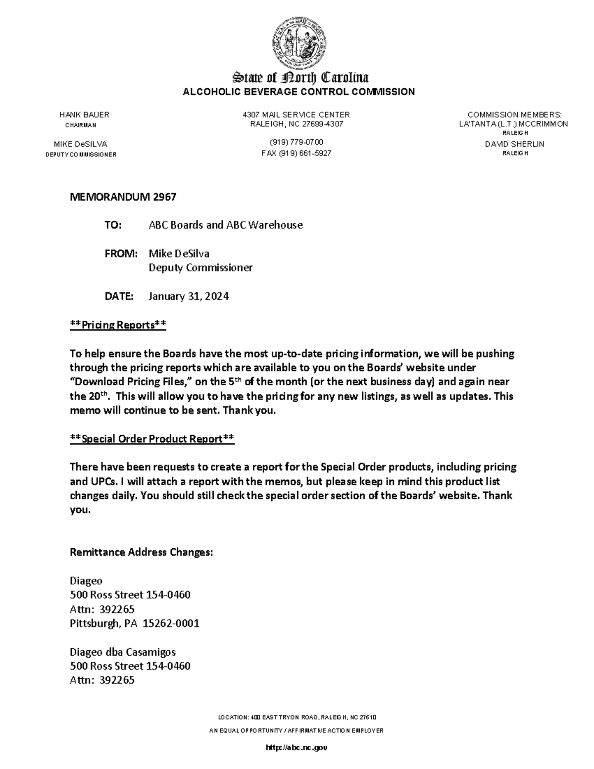 Boa call - good - ALCOHOLIC BEVERAGE CONTROL COMMISSION HANK BAUER 4307 MAIL SERVICE CENTER ...