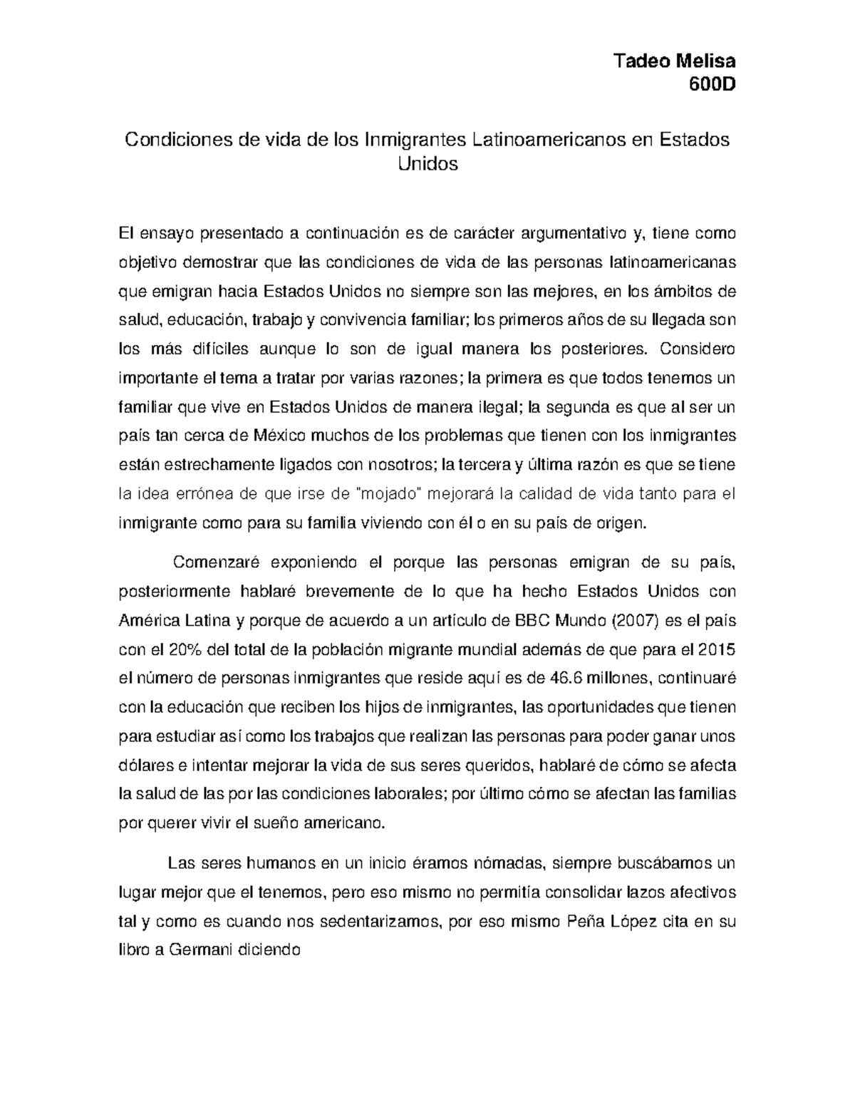 Ensayo sobre latinos en Estados Unidos - 600D Condiciones de vida de ...