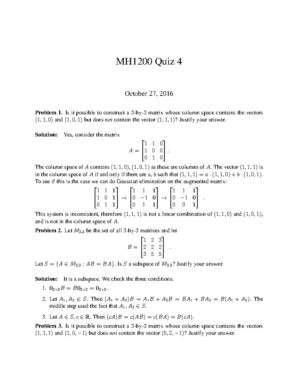 LA i NTU quiz 4 - linear algebra assignment - MH1200 Quiz 4 October 27 ...
