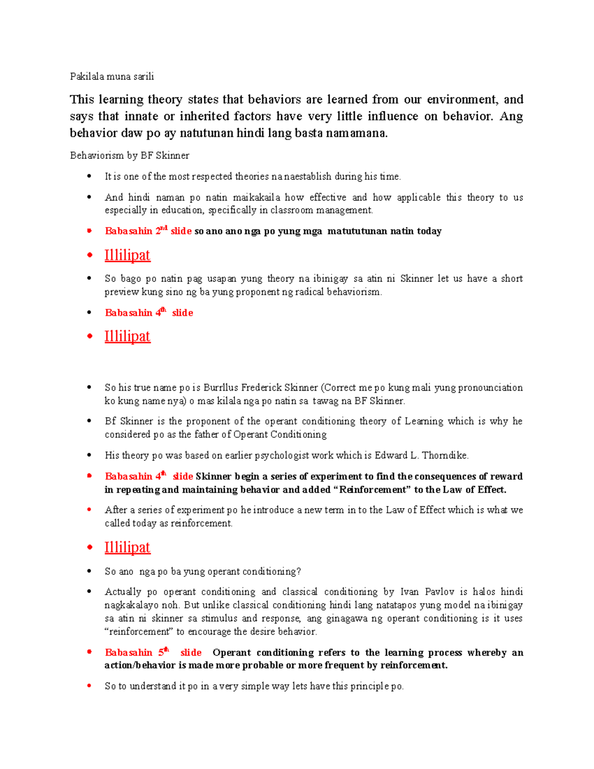 Radical Behaviorism by BF Skinner - Pakilala muna sarili This learning ...