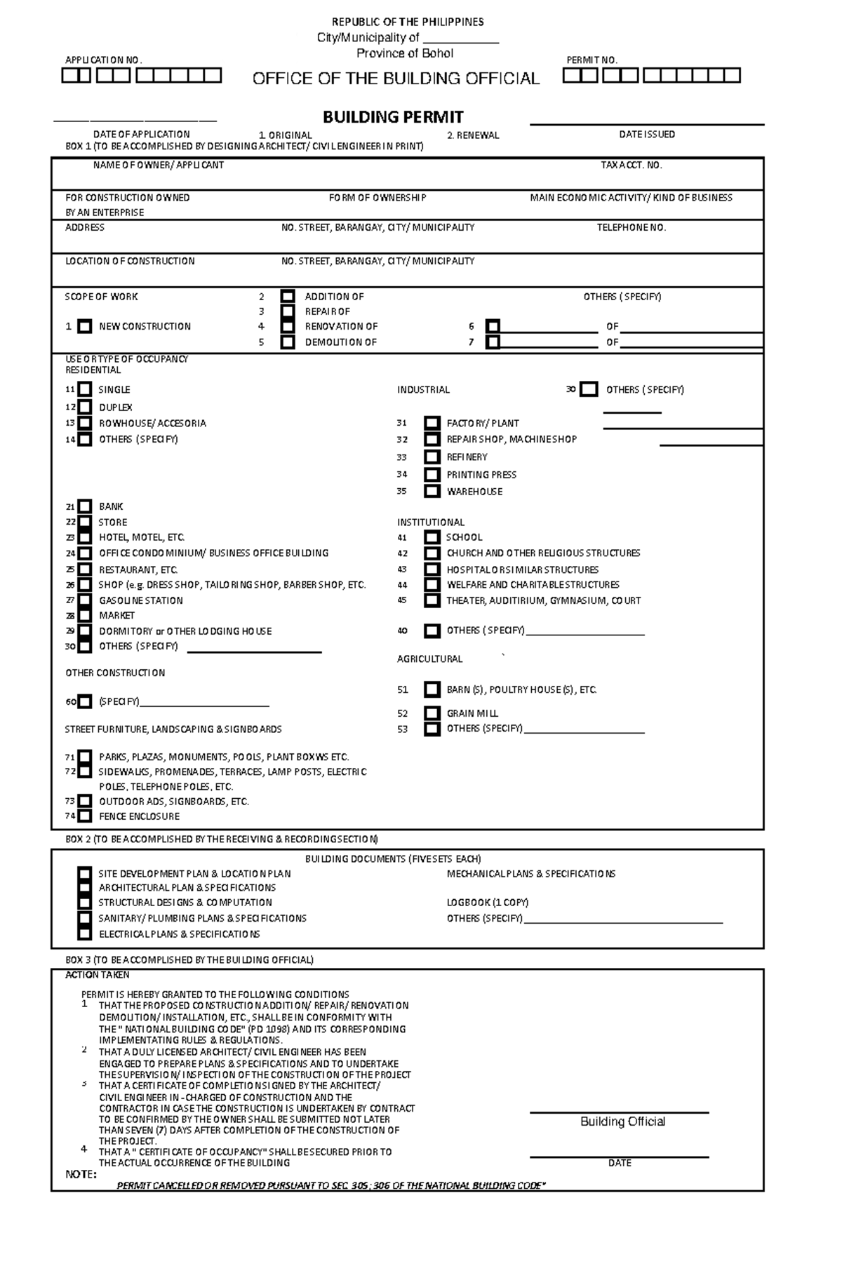 Building Permit Form - APPLICATION NO. PERMIT NO. 1. ORIGINAL 2 ...