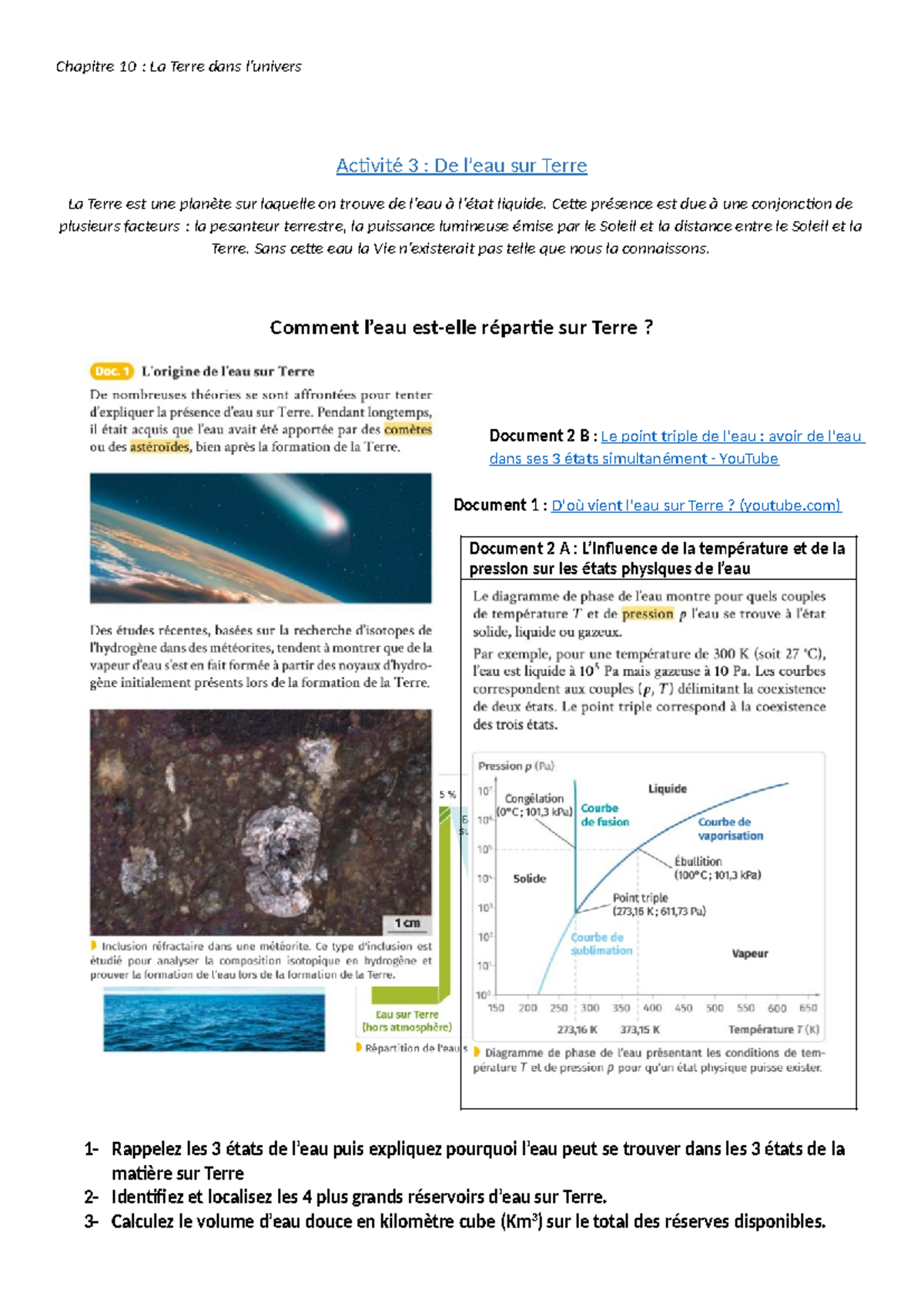 TD 3 L'eau sur Terre - Chapitre 10 : La Terre dans l’univers Activité 3 ...