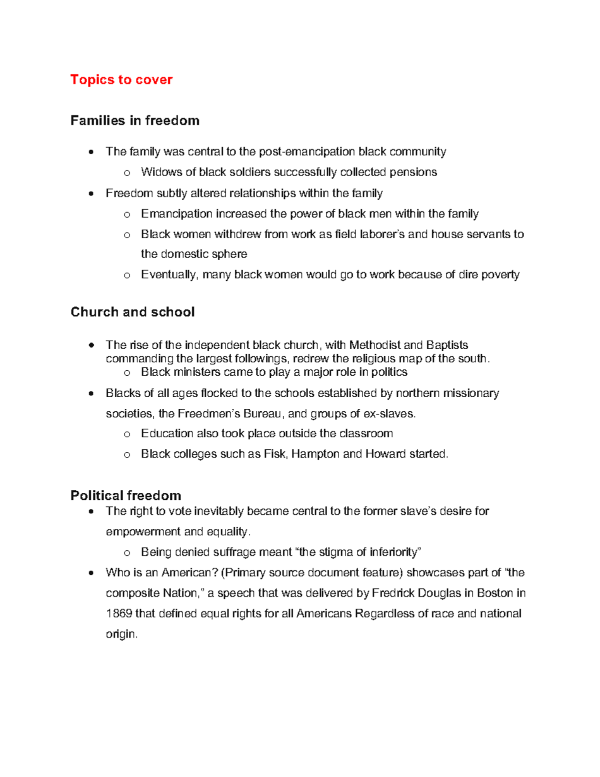 Topics to cover exam 1 - n/a - Topics to cover Families in freedom The ...