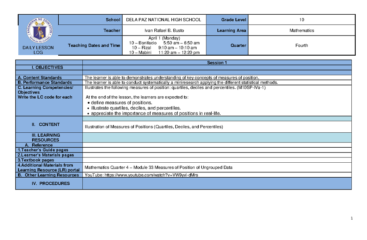 Statistics and Probability - DAILY LESSON LOG School DELA PAZ NATIONAL ...