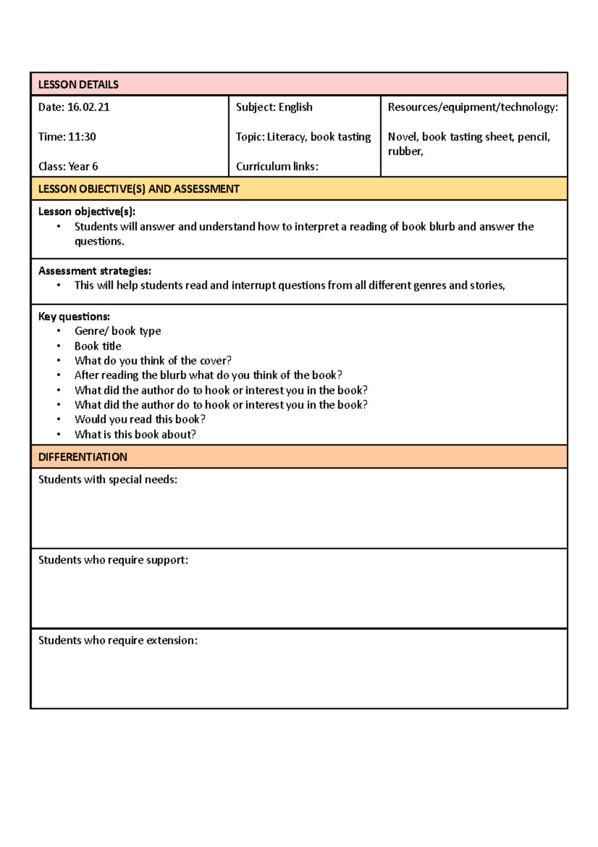 Book Tasting Lesson - LESSON DETAILS Date: 16. Time: 11: Class: Year 6 ...