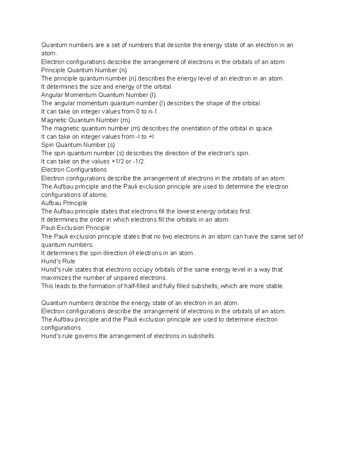 Quantum Numbers and Electron Configurations Notes - Quantum numbers are ...