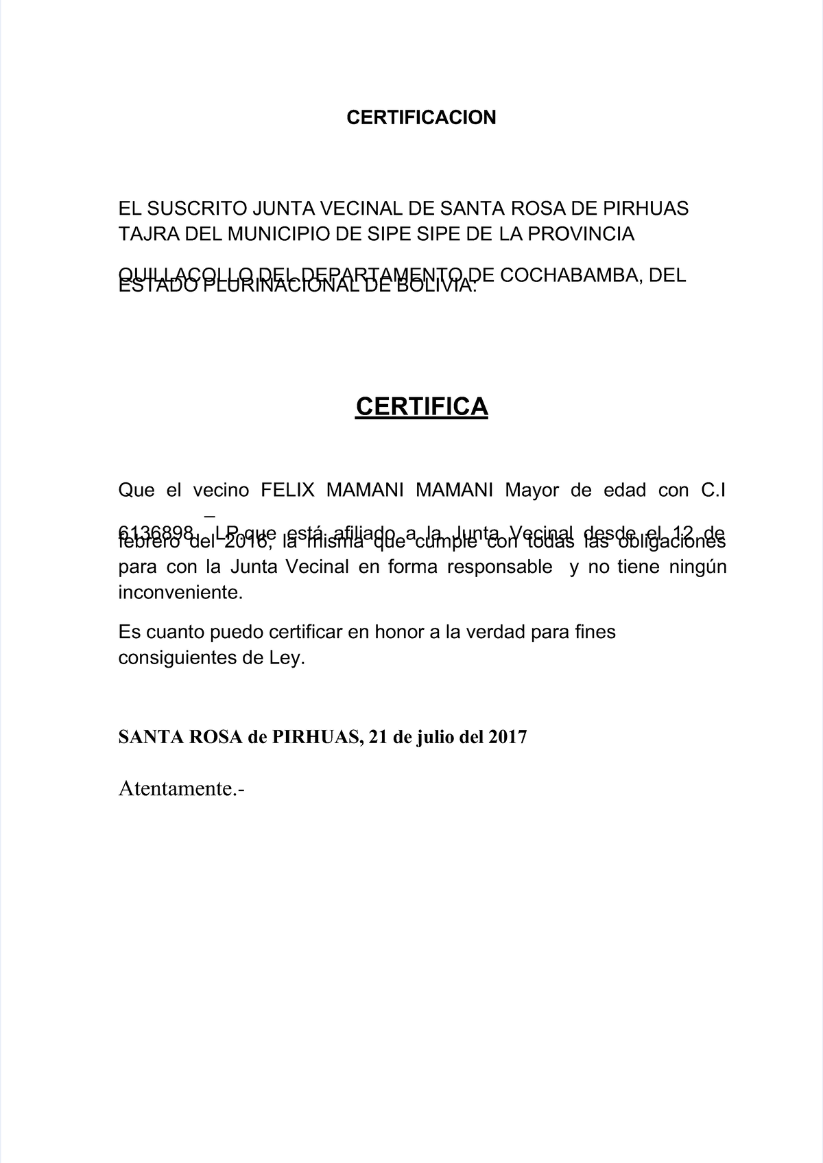 Pdf-certificacion-otb compress - CERTIFICACIONCERTIFICACION EL SUSCRITO JUNTA VECINAL DE SANTAEL ...