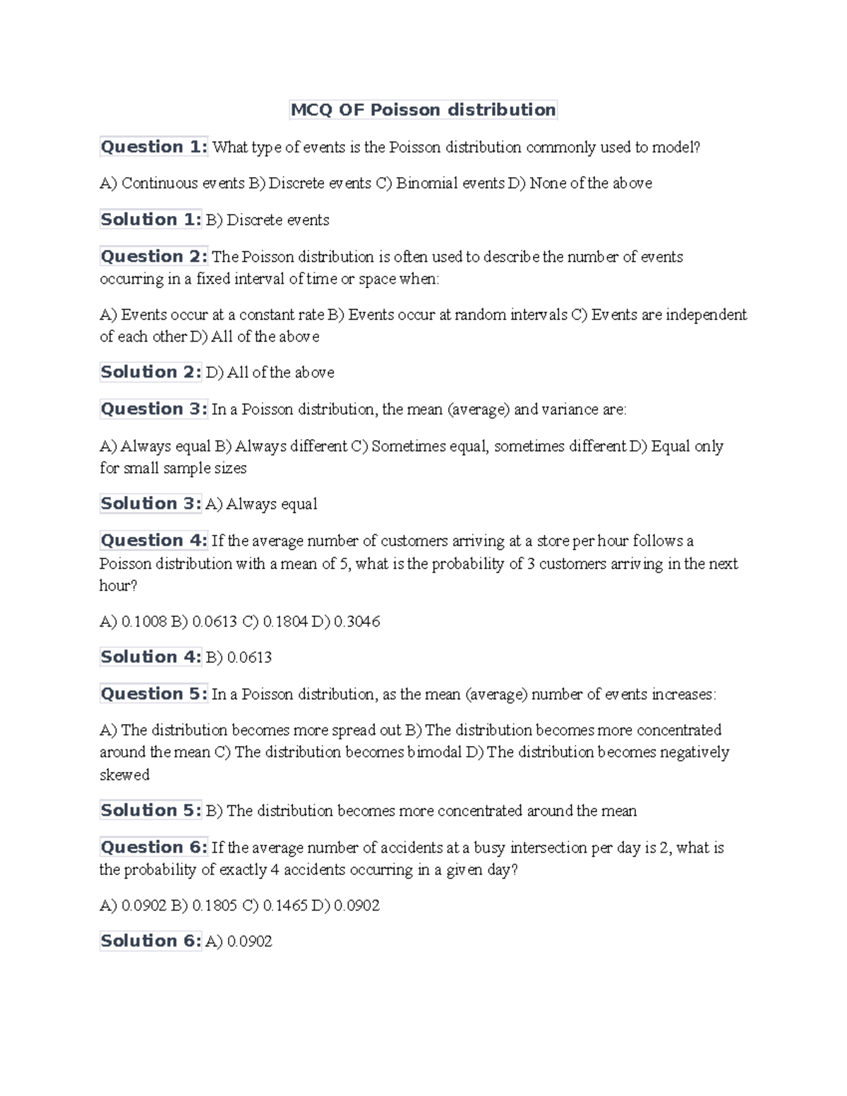 MCQ OF Poisson distribution - MCQ OF Poisson distribution Question 1 ...