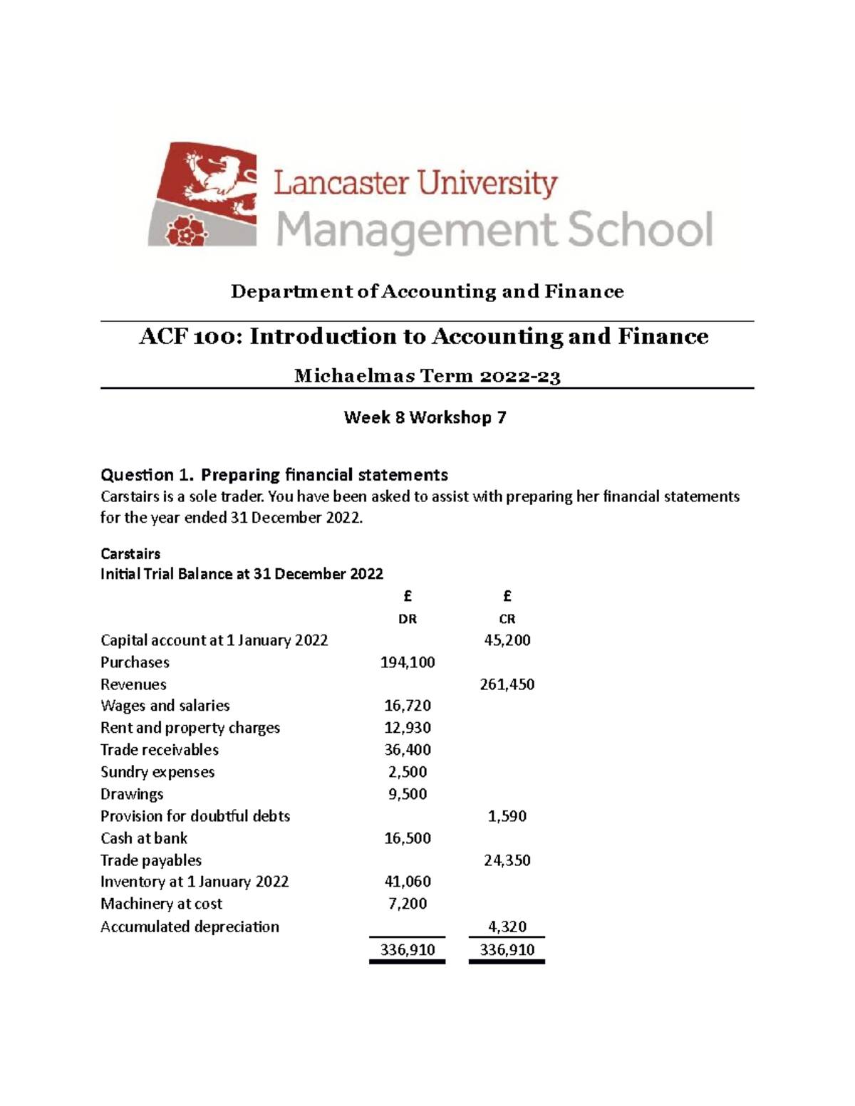 Week 8 workshop question - Department of Accounting and Finance ACF 100 ...