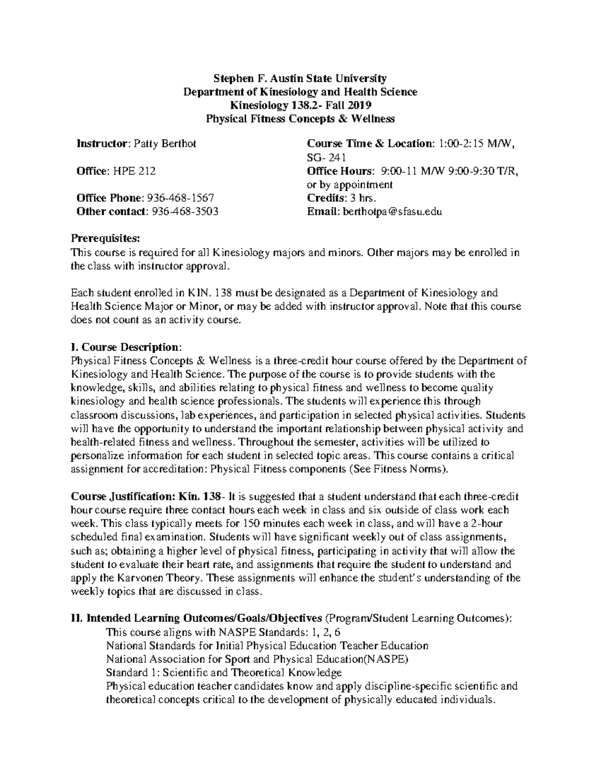 KIN138-002 Syllabus - Stephen F. Austin State University Department of ...