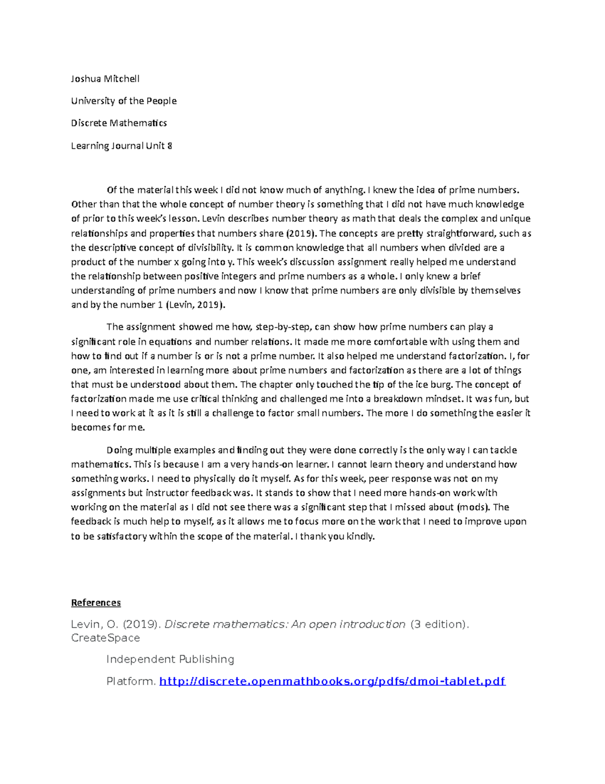 Descrete Mathematics Unit 8 Learning Journal Joshua Mitchell University Of The People Discrete