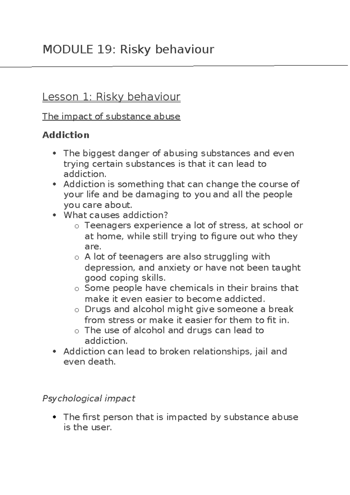 Module 19- Risky behaviour - MODULE 19: Risky behaviour Lesson 1: Risky ...