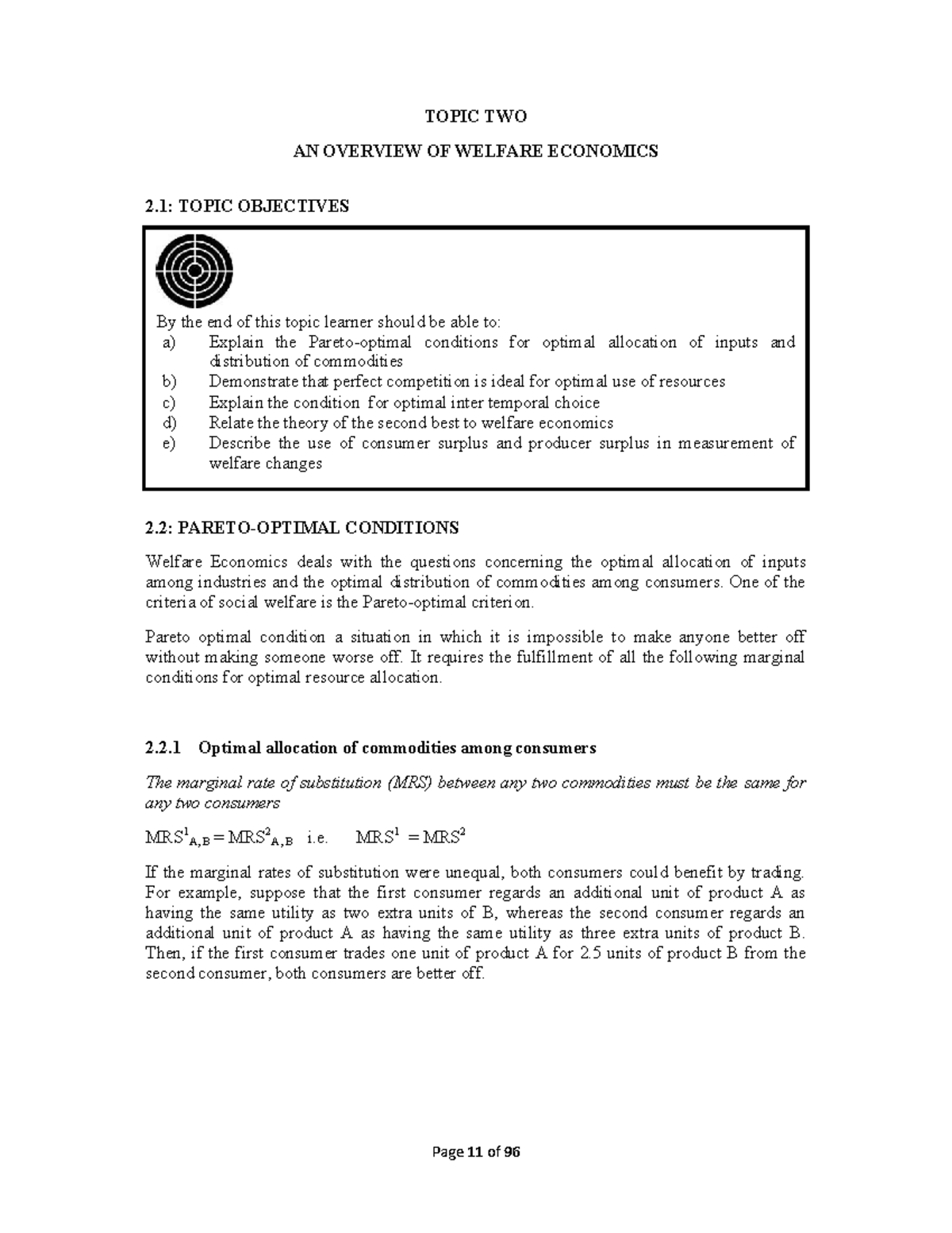 Topic TWO - Good for self - TOPIC TWO AN OVERVIEW OF WELFARE ECONOMICS ...
