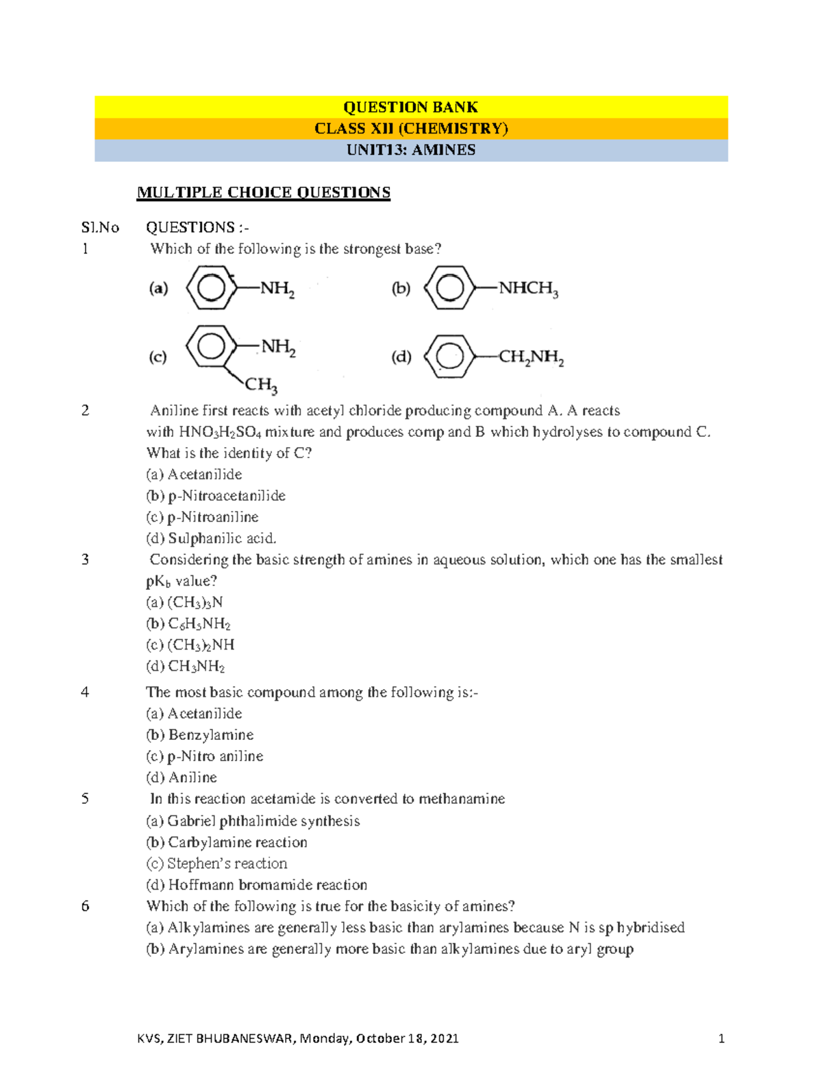 MCQ Amines - Fgh c sw - QUESTION BANK CLASS XII (CHEMISTRY) UNIT13 ...