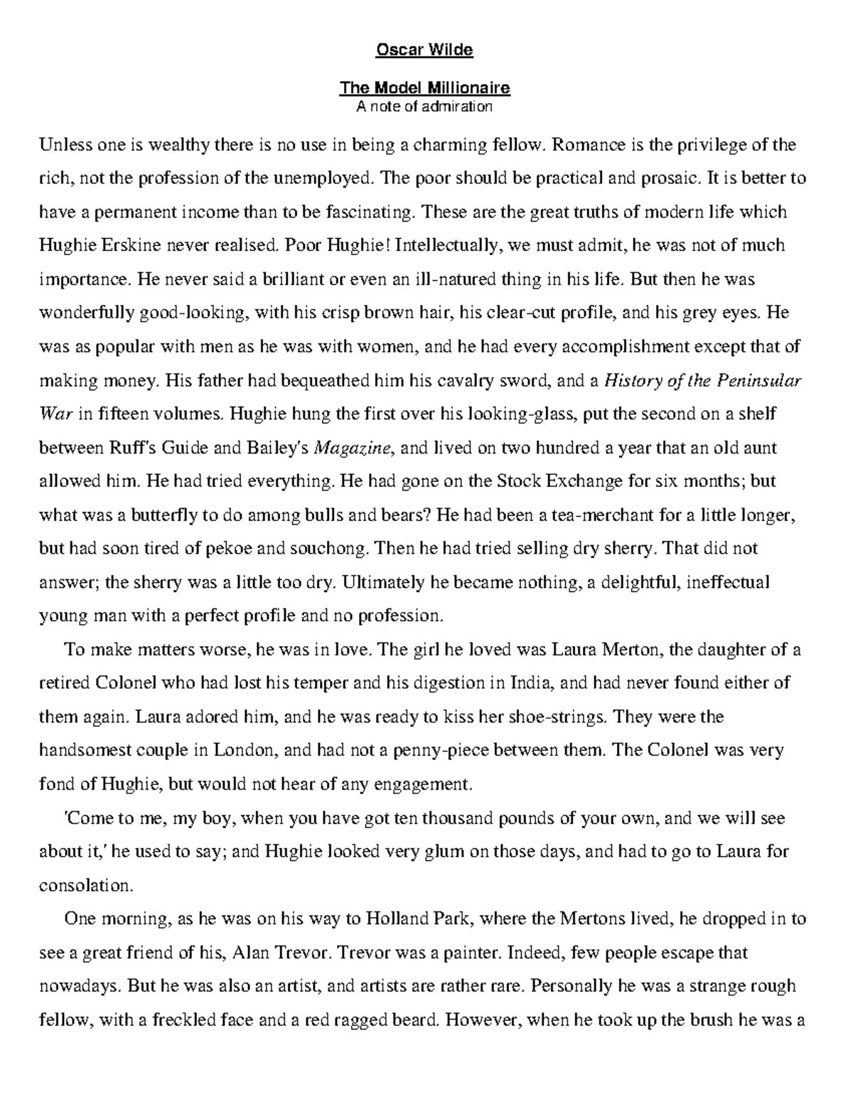 The model millionaire - short story - Oscar Wilde The Model Millionaire ...