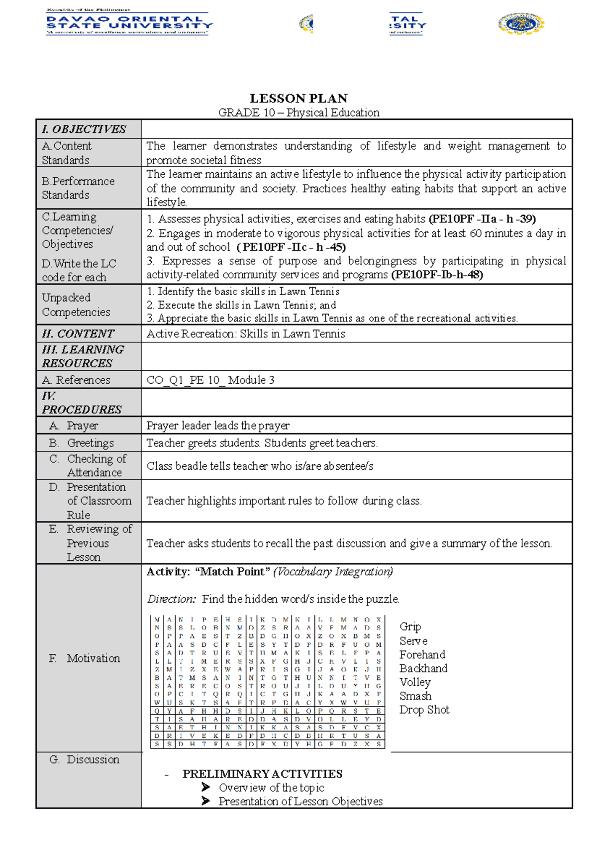 FS LP 4 - Lesson Plan - LESSON PLAN GRADE 10 – Physical Education I ...