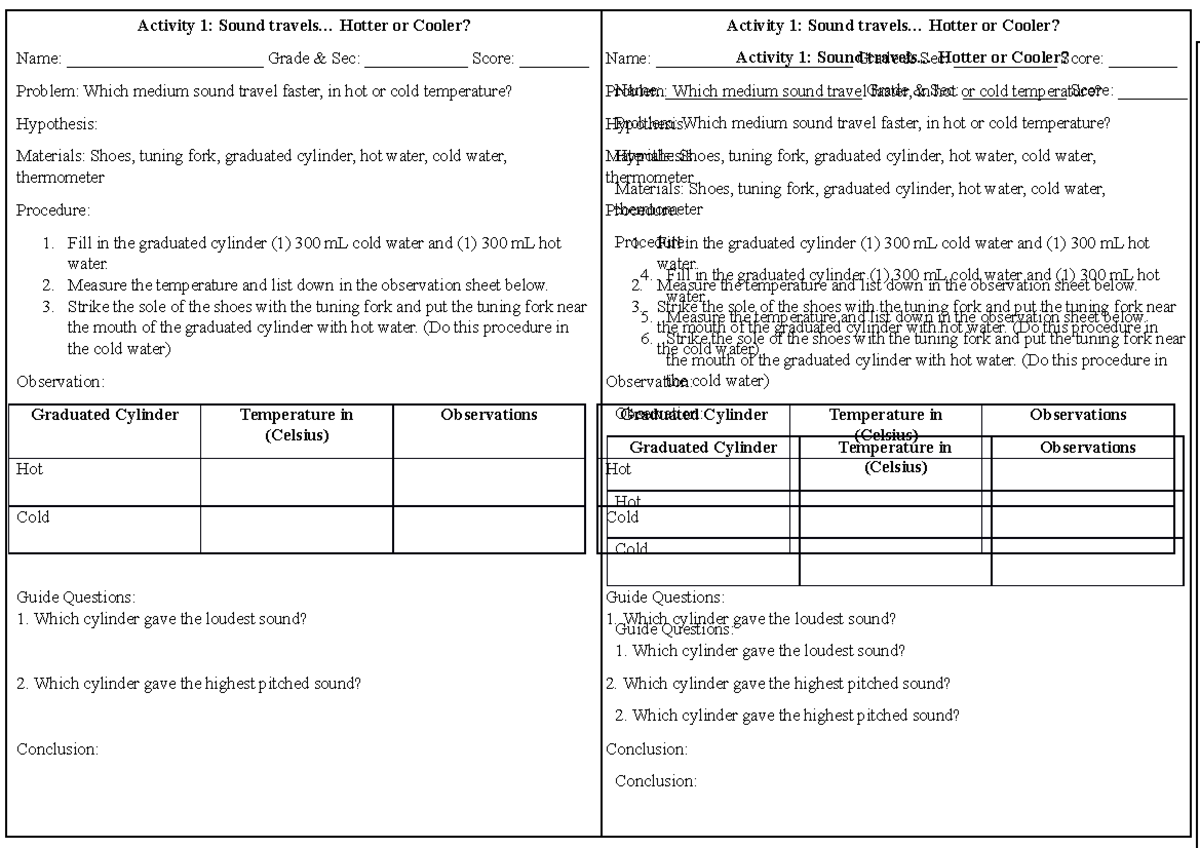 Grade 8 Activity Sheet in Sounds (Which is hotter which is cooler ...