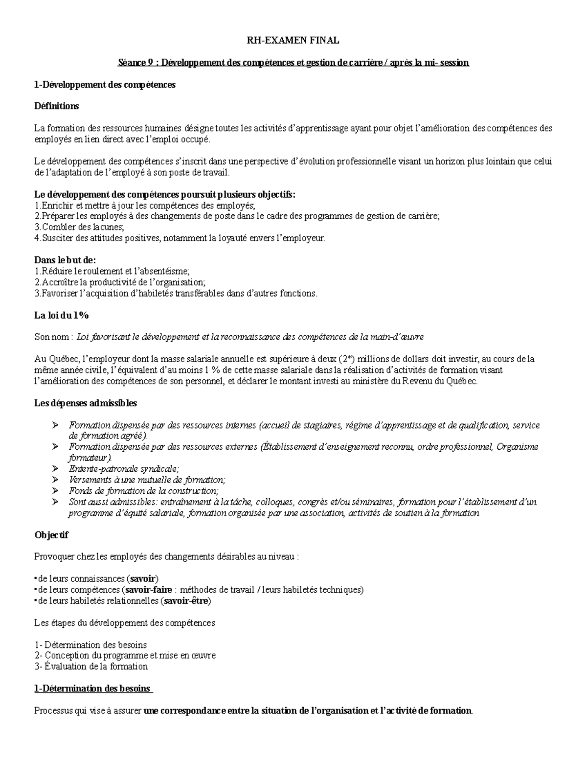 RH- Final - Notes de cours - RH-EXAMEN FINAL Séance 9 : Développement ...