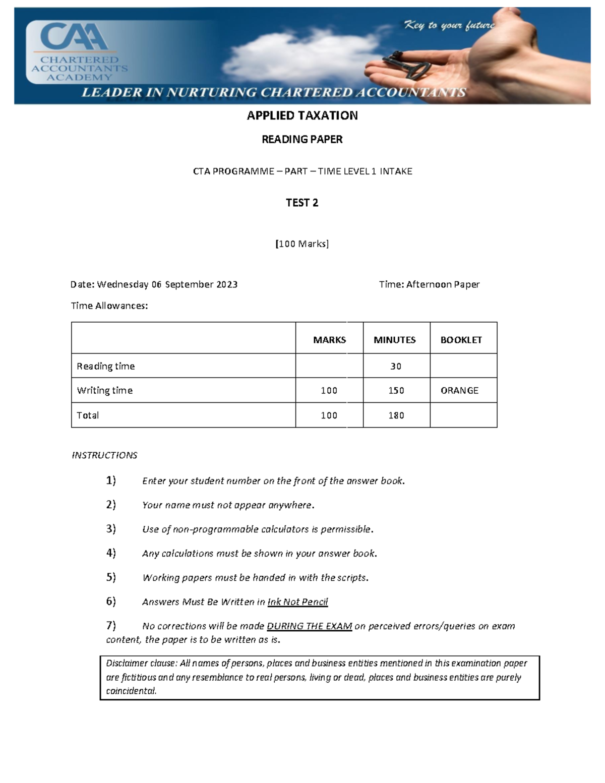 TAX - CTA L.1 TEST 2 - Scenario - APPLIED TAXATION READING PAPER CTA ...