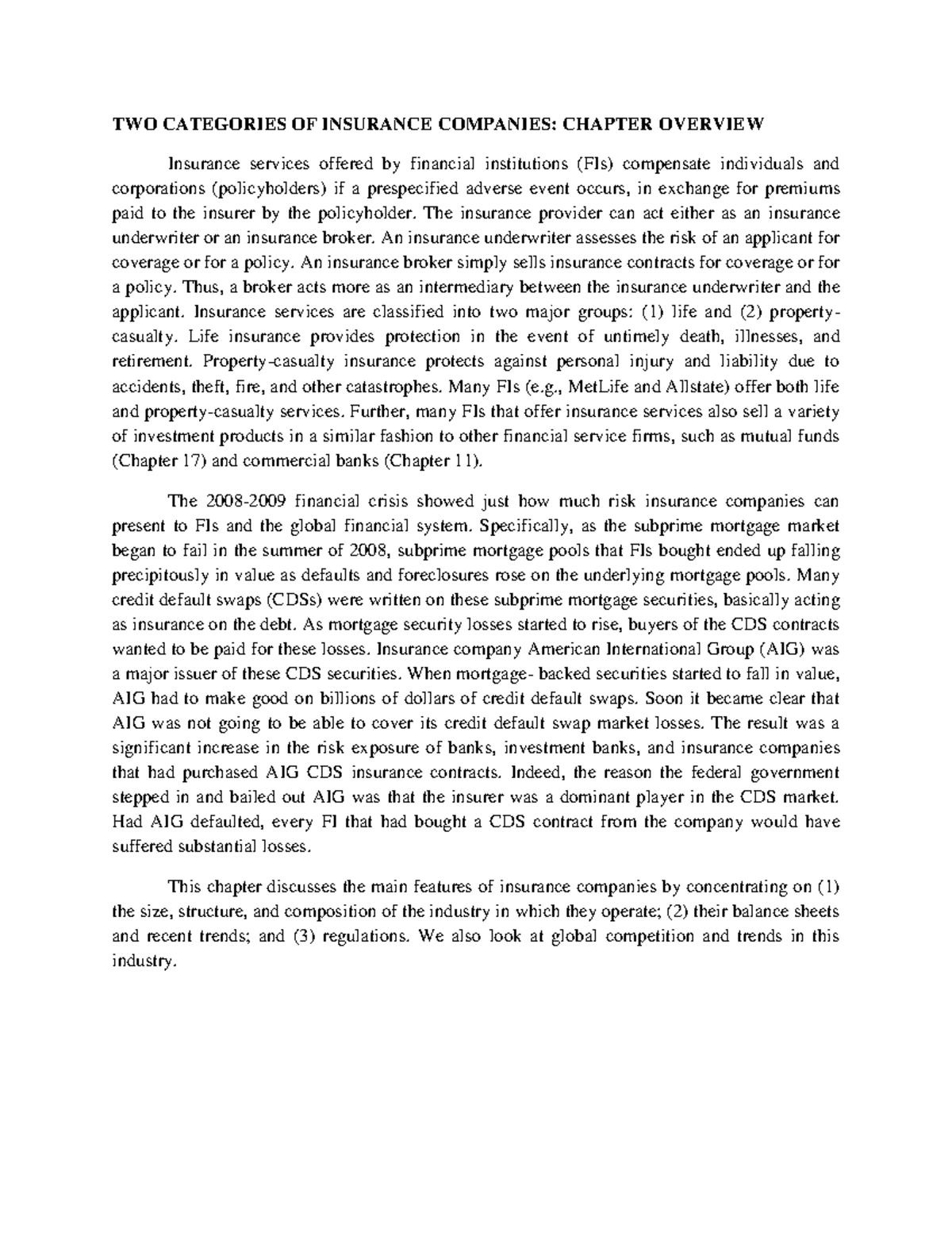 TWO Categories OF Insurance Companies Chapter Overview - TWO CATEGORIES ...
