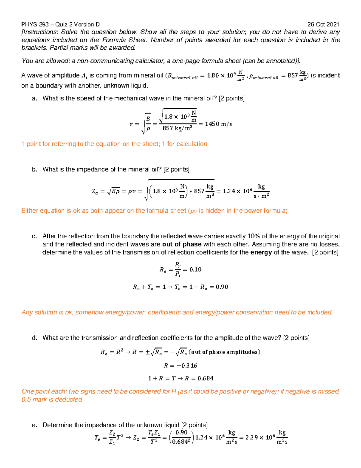 PHY293H1 20219 611653349443 PHY293 Quiz2Ver D-Solution - PHYS 293 – Quiz 2 Version D 26 Oct 2021 ...