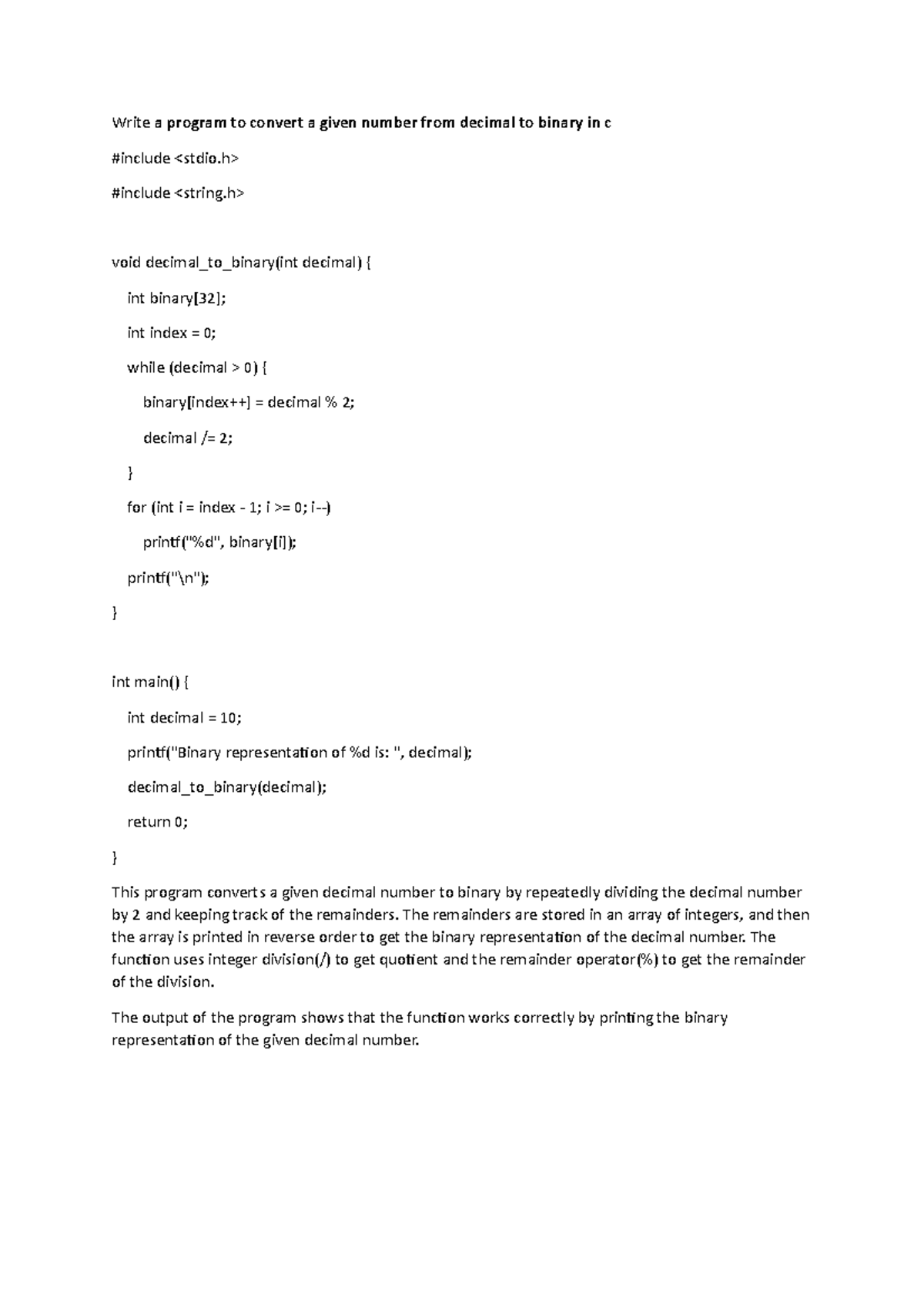 C Binary Write A Program To Convert A Given Number From Decimal To