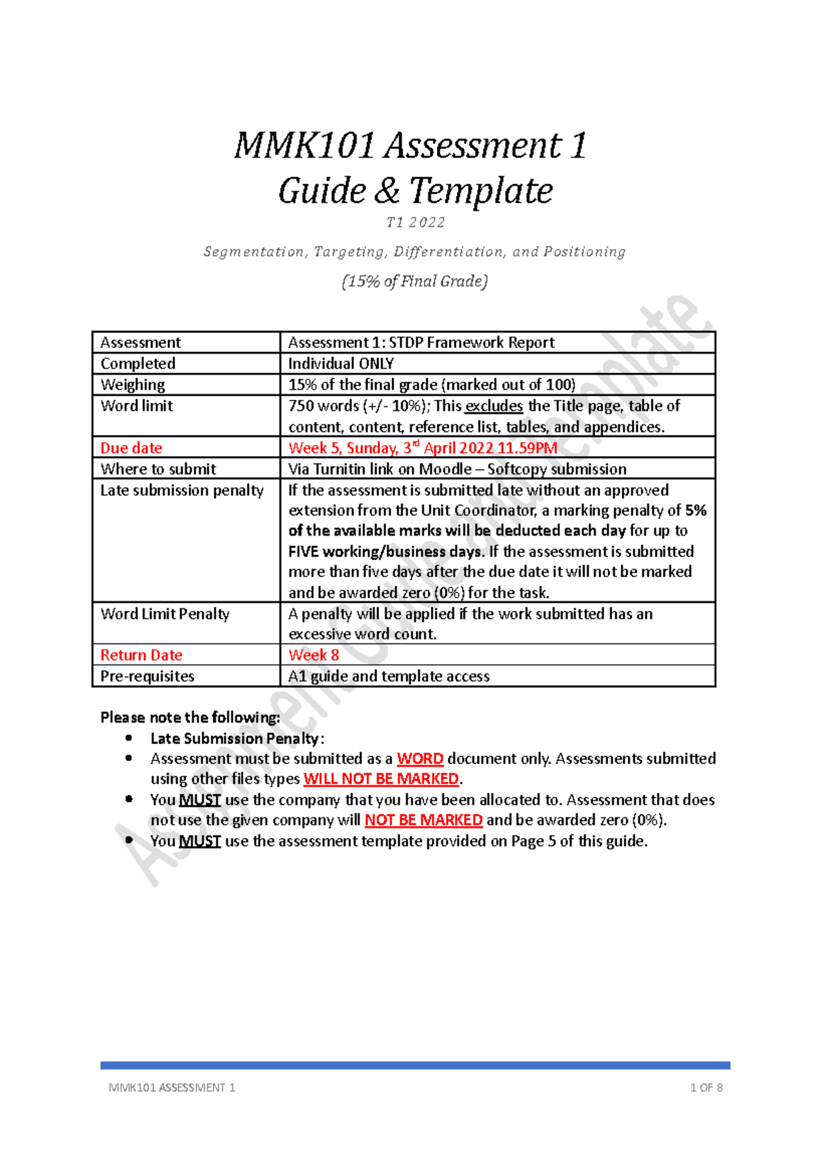 Assessment 1 Guide and Template T1 2022 - MMK101 Assessment 1 Guide ...