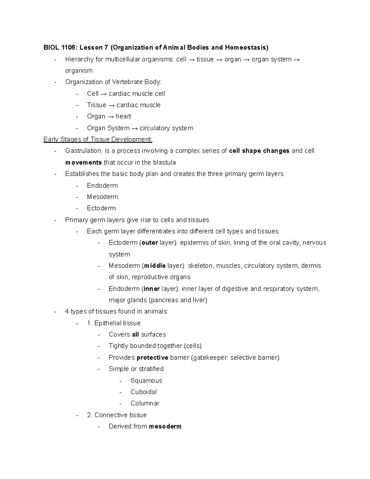 Biology 1106 Lesson 7 (Organization of Animal Bodies and Homeostasis ...