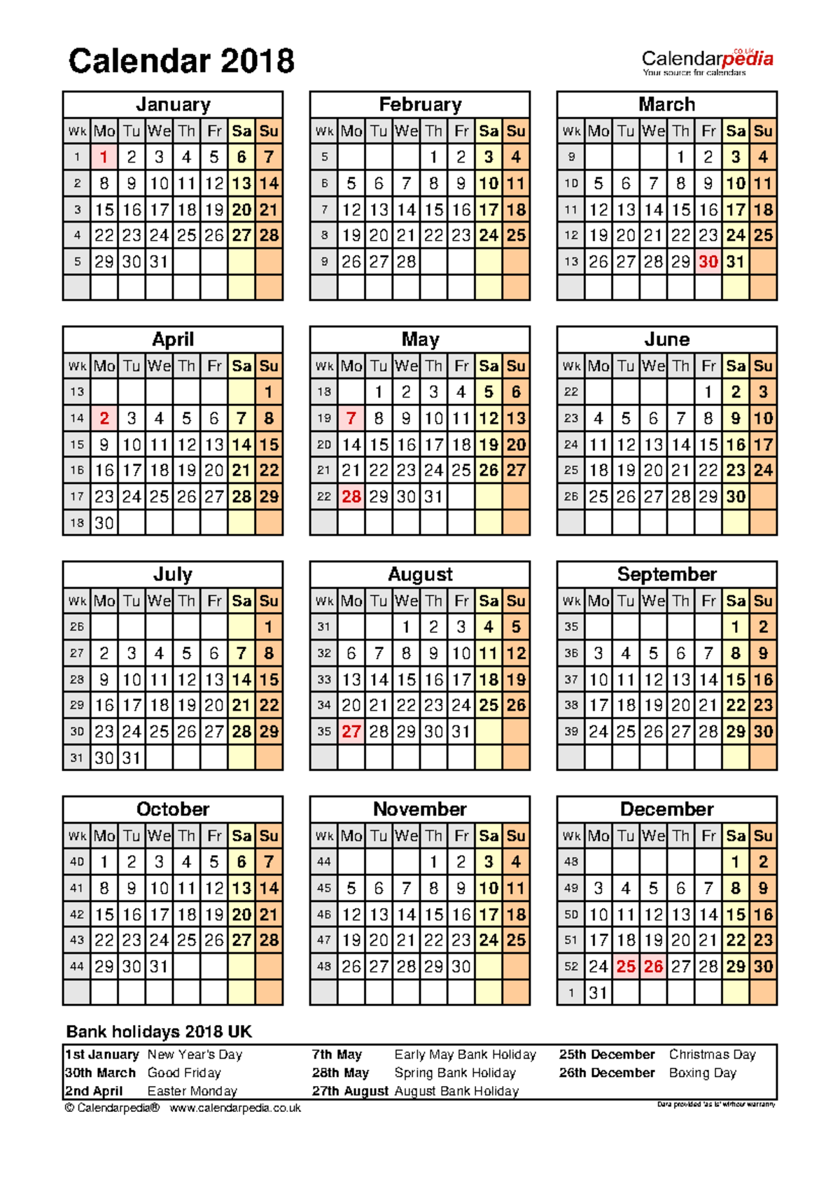 Calendar 2018 portrait year at a glance - Calendar 2018 W kMo Tu We Th ...