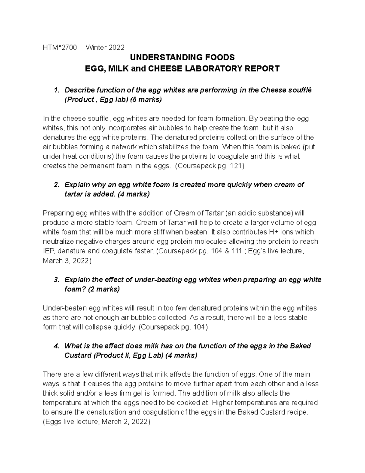 EGG, MILK and Cheese Laboratory Report - HTM*2700 Winter 2022 ...