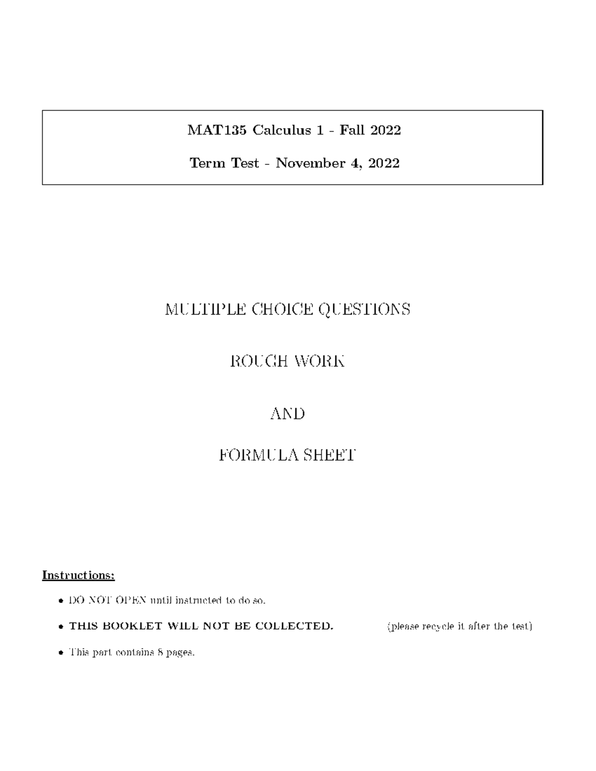 Mat135 MC test midterm - MAT 135 Calculus 1 - Fall 2022 Term Test ...