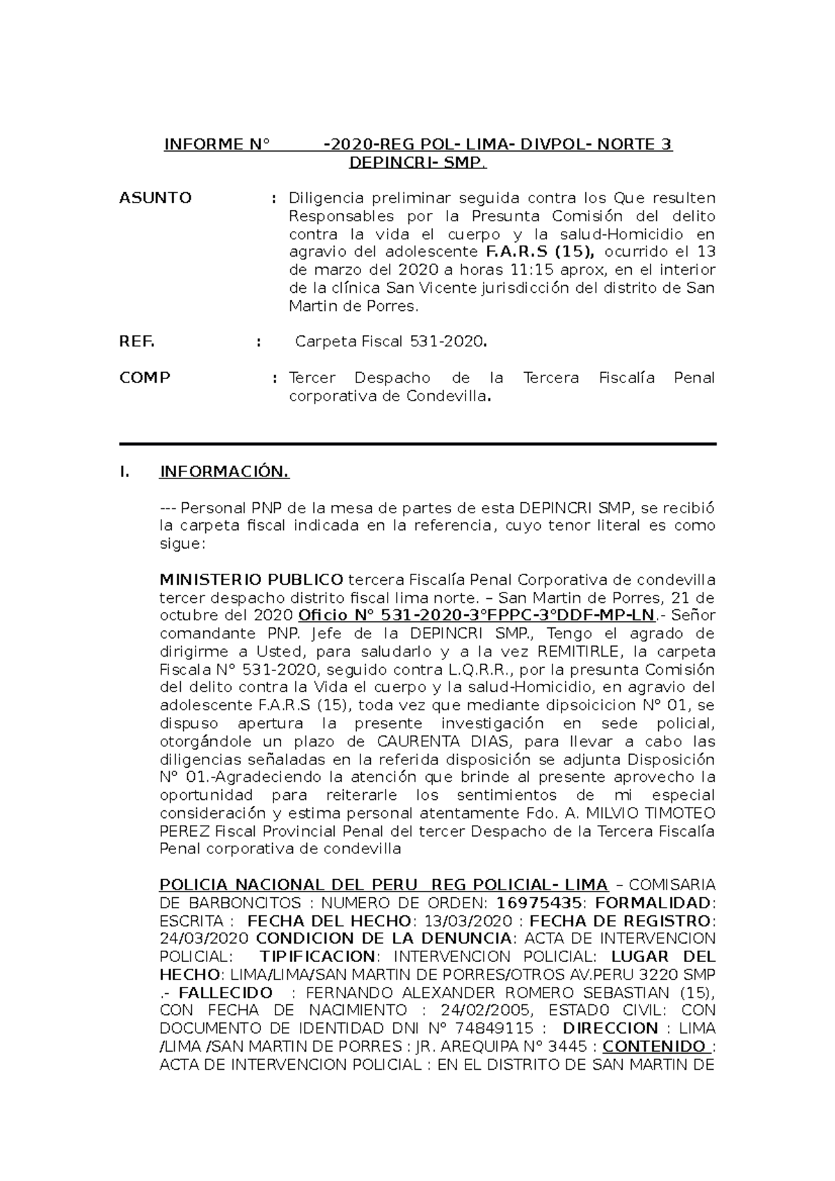 Informe Homicdio DE Fernnado Alexander Romero Sebastian (15) 2 ...